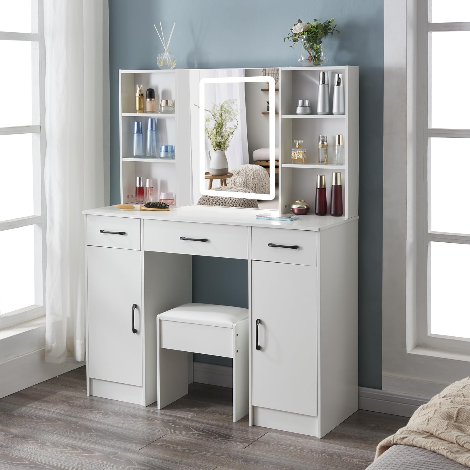 Hikooo Large Makeup Vanity 42" W Dresser with Lights and Mirror, 2 Large Drawer & Six Level Storage Dresser, 3 Color Lighting Modes Adjustable Brightness Bedroom Dressing Table - White