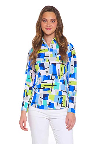 IBKUL Women’s Sun Protective UPF50+ Icefil tech Mondrian Print Long Sleeve Mock Neck Top - 10854 Multi Mondrian M