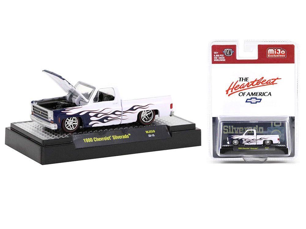 M2 1980 Chevy Silverado Pickup Truck White with Blue Flames The Heartbeat of America Limited Edition to 6050 Pieces Worldwide 1/64 Diecast Model Car Machines 31500-MJS59