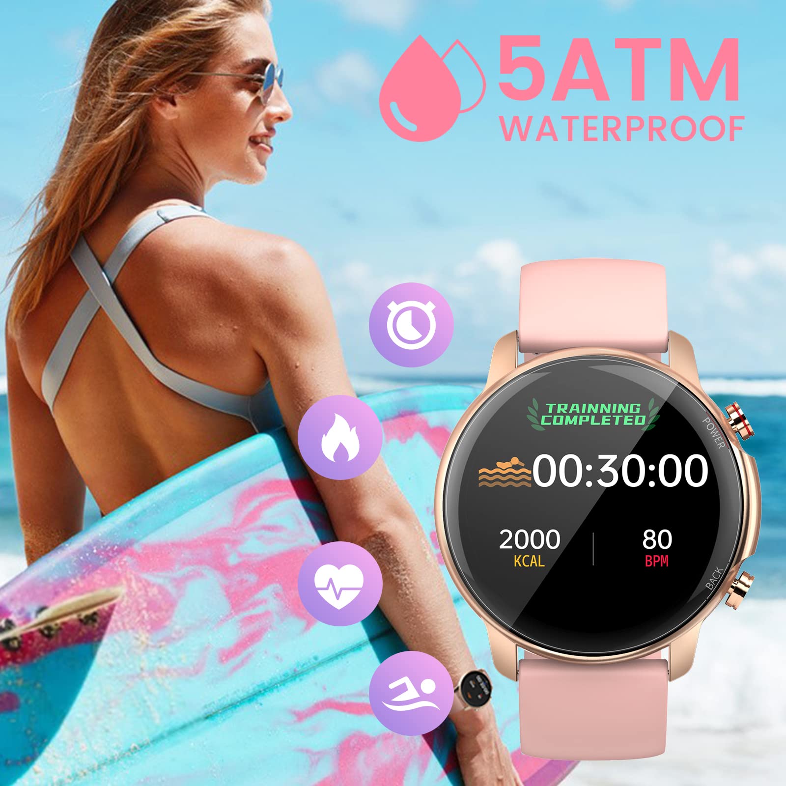 KOSPET Smart Watches for Women Compatible with Android and iPhone Activity Trackers Smartwatches with Full Touch Color Screen Magic 4 with 20 Sports Modes 5ATM Waterproof-Pink