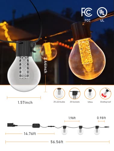 Outdoor String Lights with Dimmer - 50Ft Led Patio Lights App Control 3 Modes Waterproof Connectable Hanging Light with Timer Function 25 Plastic G40 Globe Bulb for Backyard Porch Balcony Party Decor