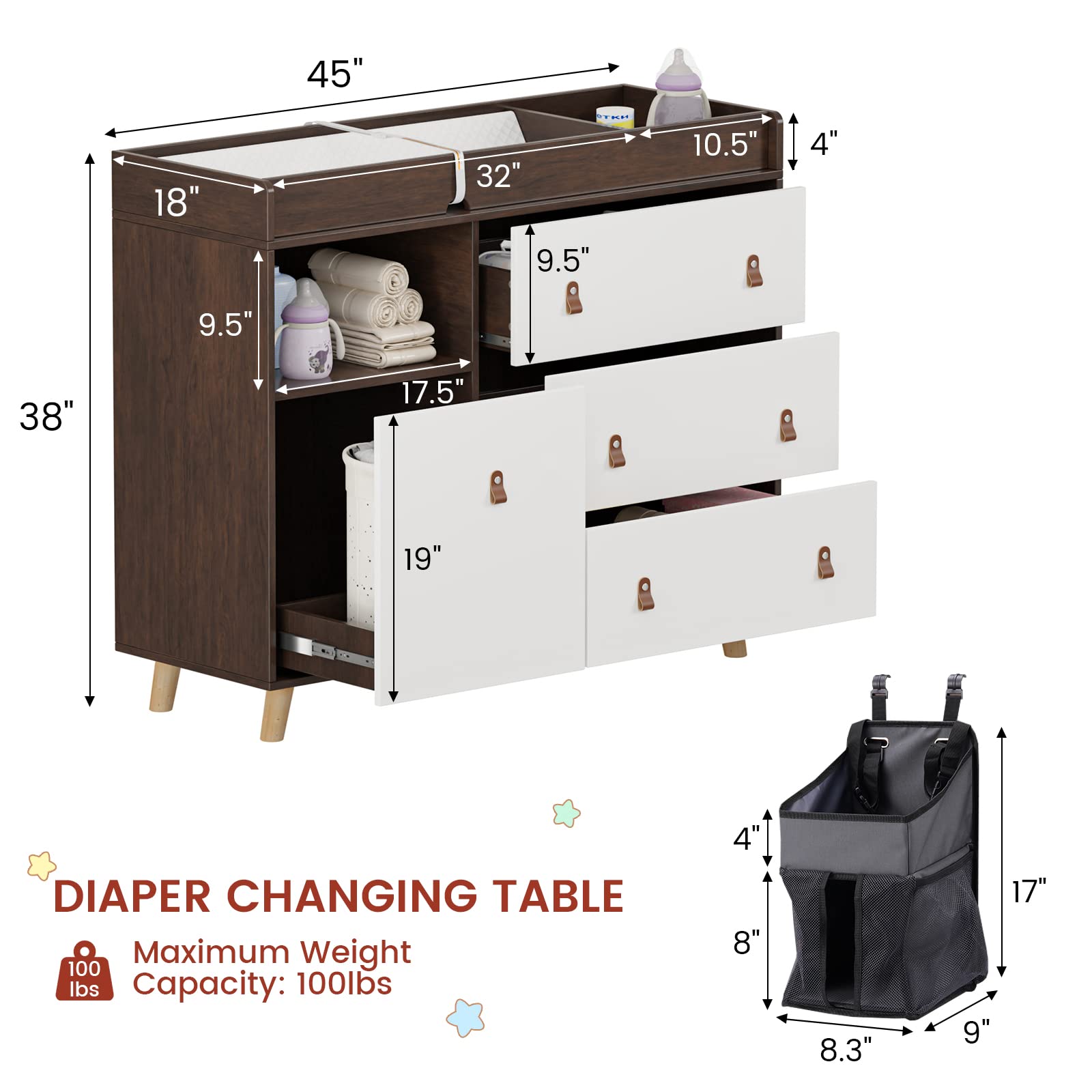 Timechee Baby Changing Table Dresser, Modern Nursery Changing Dresser Chest with 3 Drawers & 1 Shelf, Diaper Changing Pad, Storage Changing Dresser (Brown)