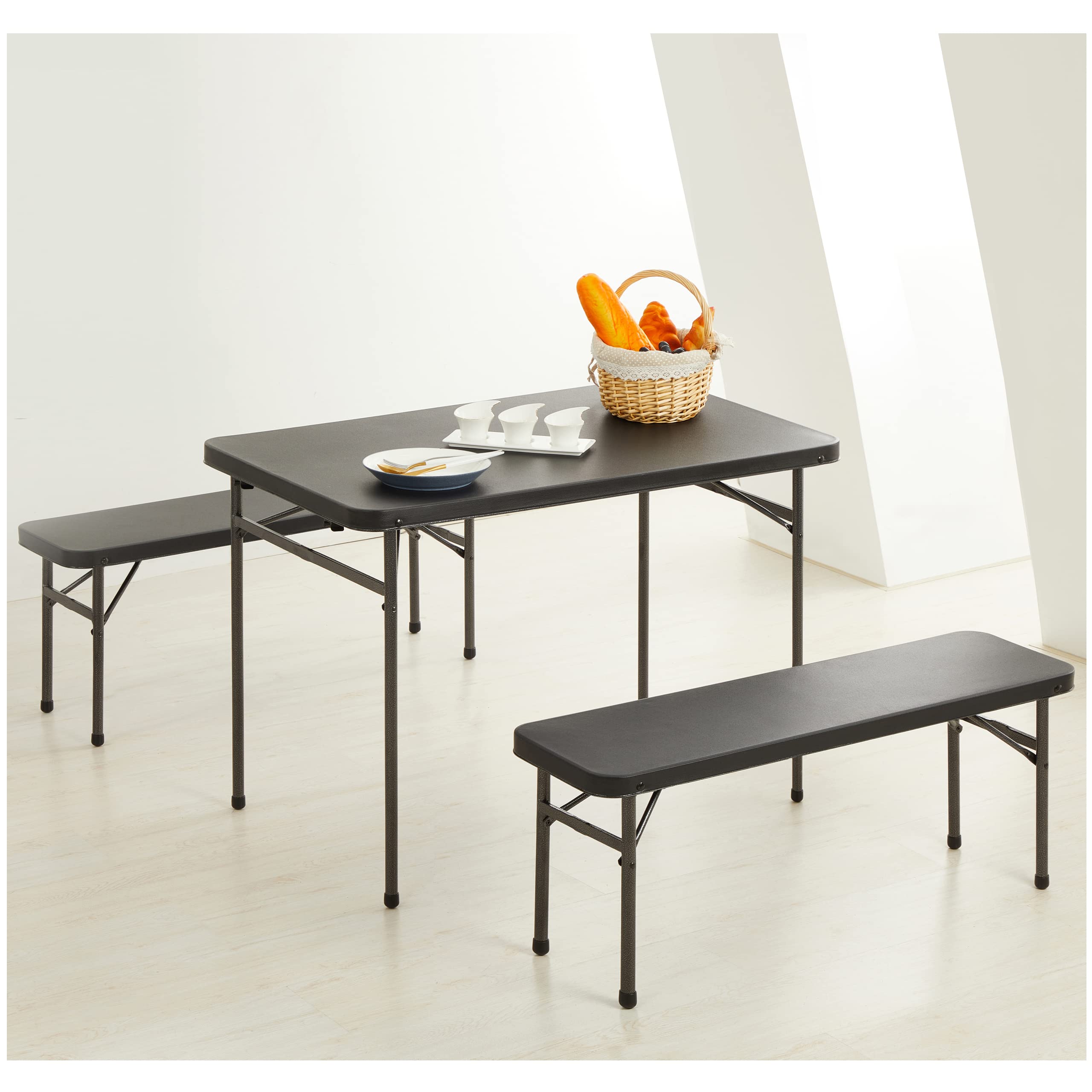 Maarch Folding Picnic Table with Benches, Foldable Camping Picnic Tables for Outdoors, 3-Piece Portable Picnic Table with Seats Set 40 Inches, Black