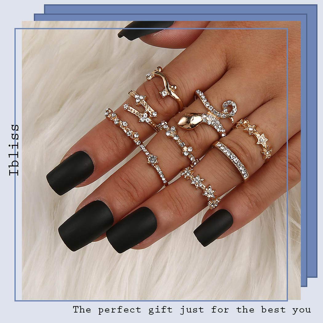 Ibliss Boho Rings Set Crystal Mid Joint Knuckle Rings Gold Snake Stackable Finger Rings Jewelry for Women and Girls 9PCS