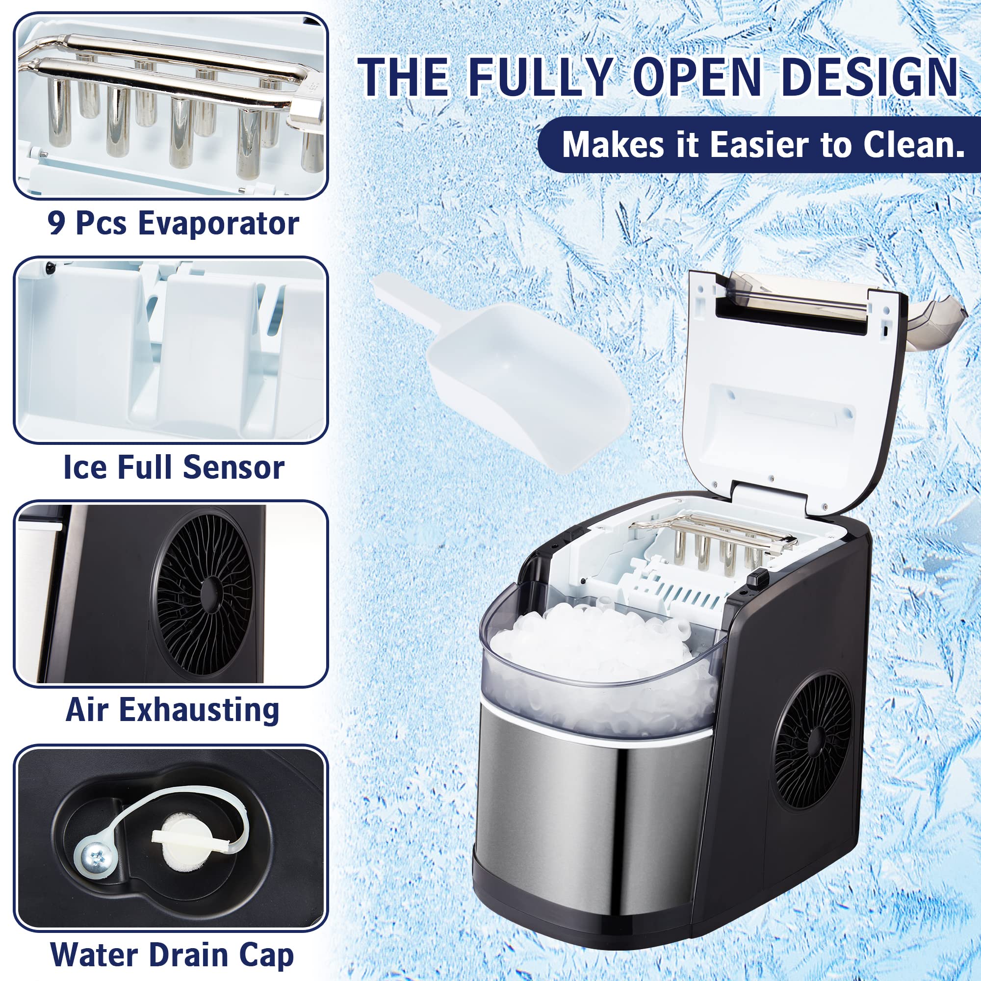 OUTGAVA Ice Maker Machine Countertop Portable Ice Cube Maker,Compact Automatic Ice Making Machine with Ice Scoop&Basket,26Lbs/24H,9 Cubes in 6-8 Minutes,2 Size(S/L) for Kitchen Bar Office,Black