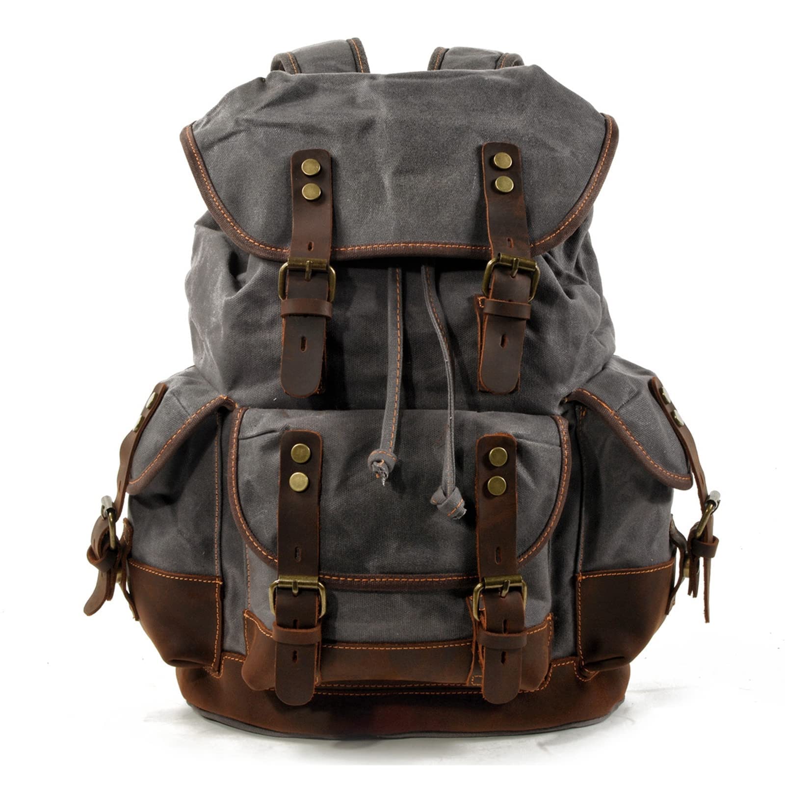 liuwei Vintage Travel Backpack for Men, Genuine Leather-Waxed Canvas Hiking Rucksack,Large capacity Waterproof Daypacks,Gray