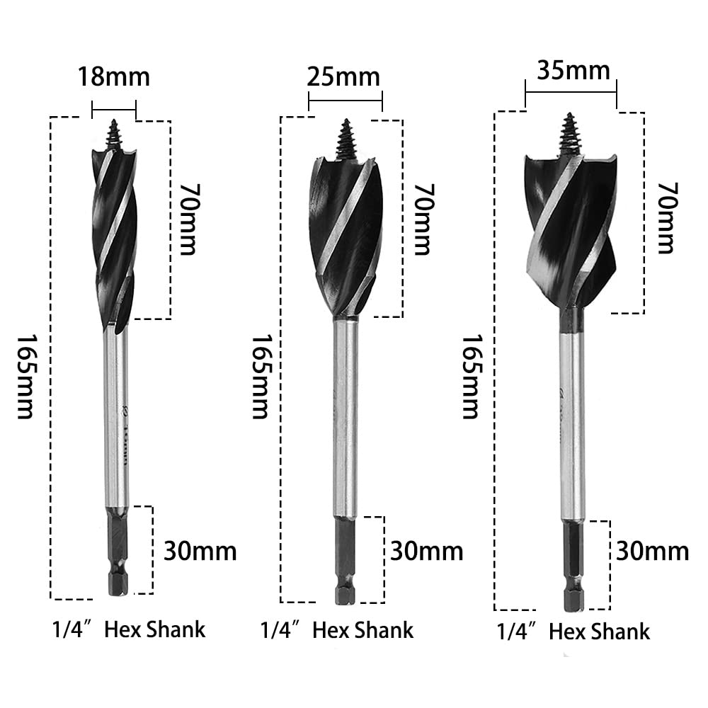 Saipe 3pcs 1/4” Hex Shank Auger Drill Bits 18/25/35mm High-Carbon Steel 4 Flute Wood Hole Drill Bit Set Woodworking Tools