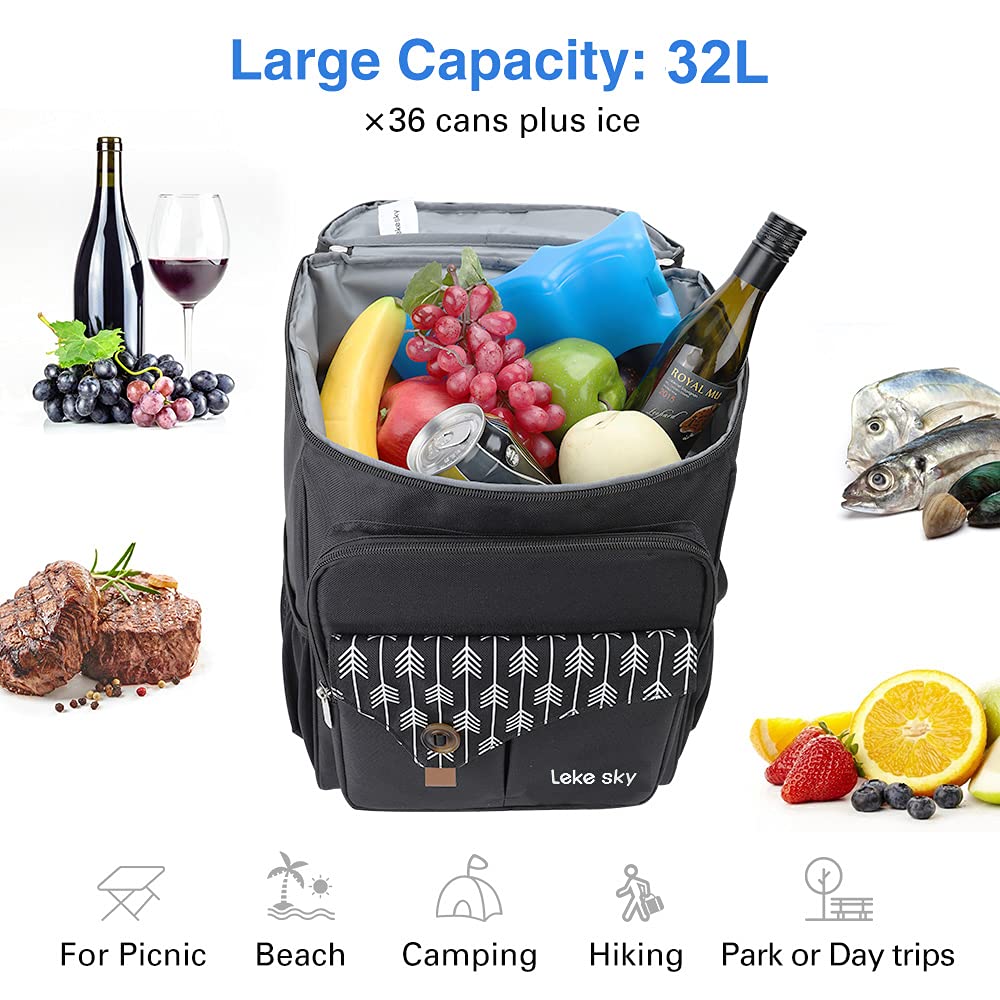 Lekesky Backpack Cooler Insulated Leak Proof Cooler Backpack Waterproof Cooler for Women and Men, 36 Cans, Black