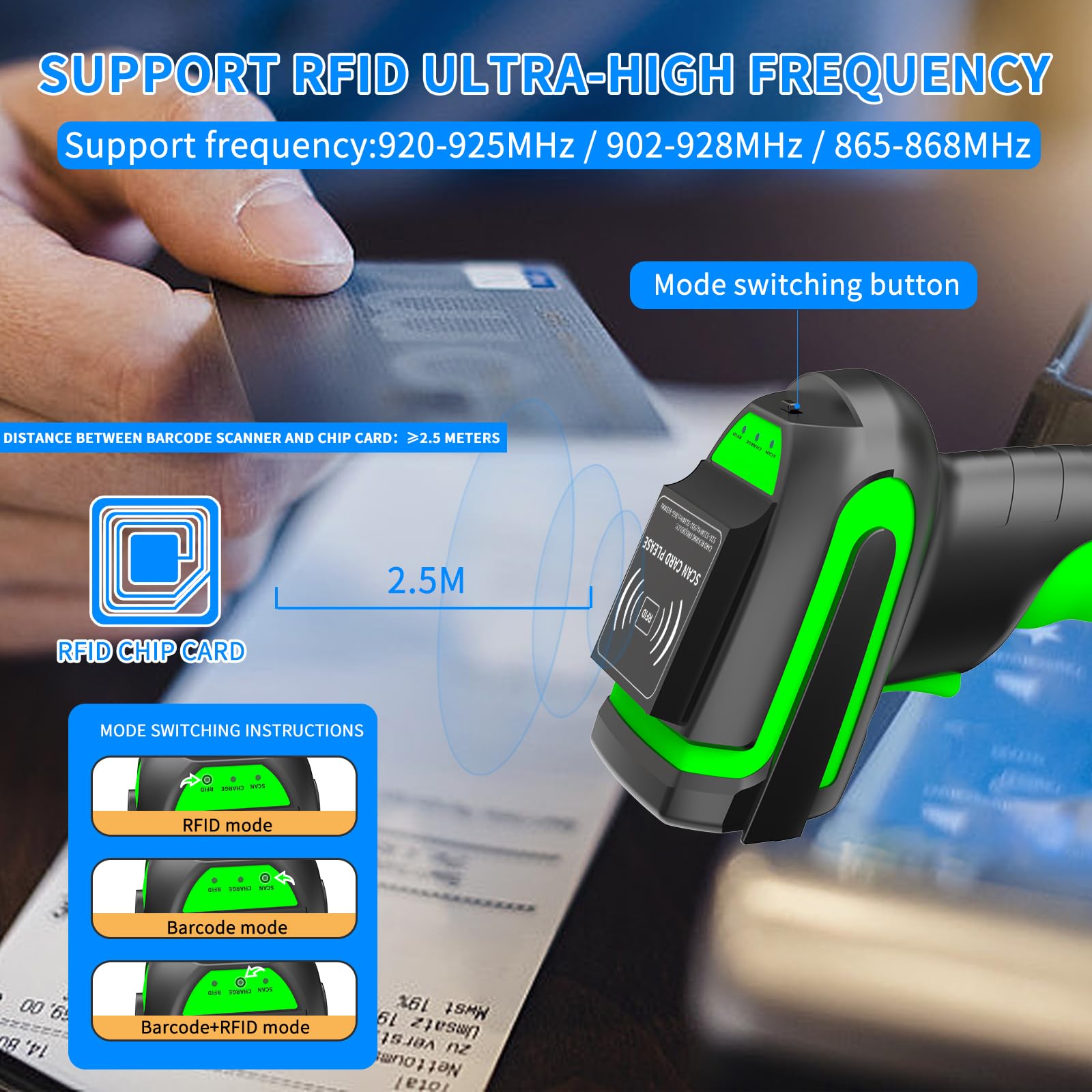 Symcode Barcode Scanner RFID Scanner with Impinj E310 UHF RFID Reader, Wireless Bluetooth Barcode Scanner 2D/1D/QR Code Scanner, Multi-Mode: Barcode Scanning, UHF RFID Tag Reader/Writer