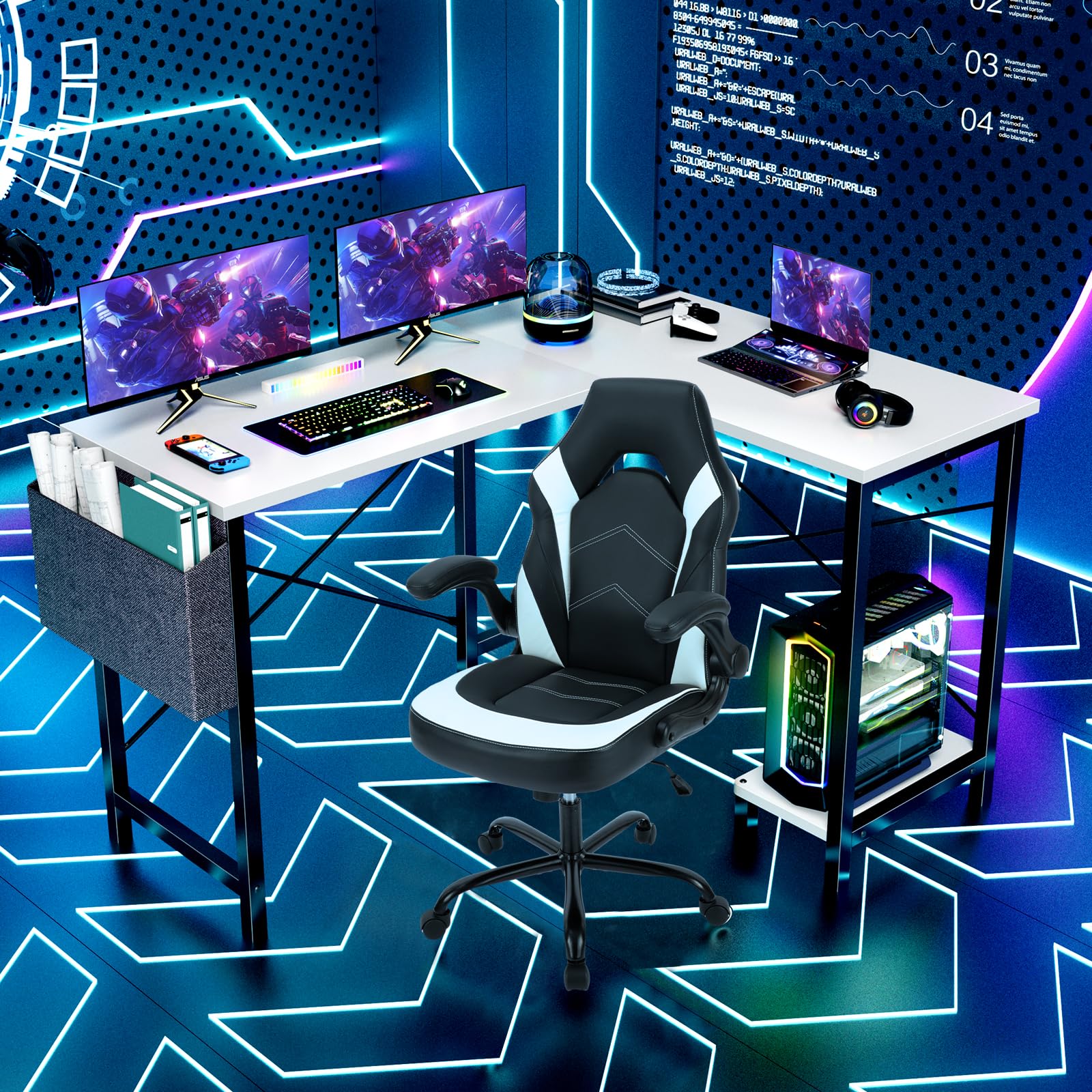 Sweetcrispy L Shaped Desk Gaming Computer 50 Inch Reversible Corner White Table PC Work Table for Writing Study Student with Wood Tabletop Metal Frame CPU Stand Side Bag for Home Office Small Place
