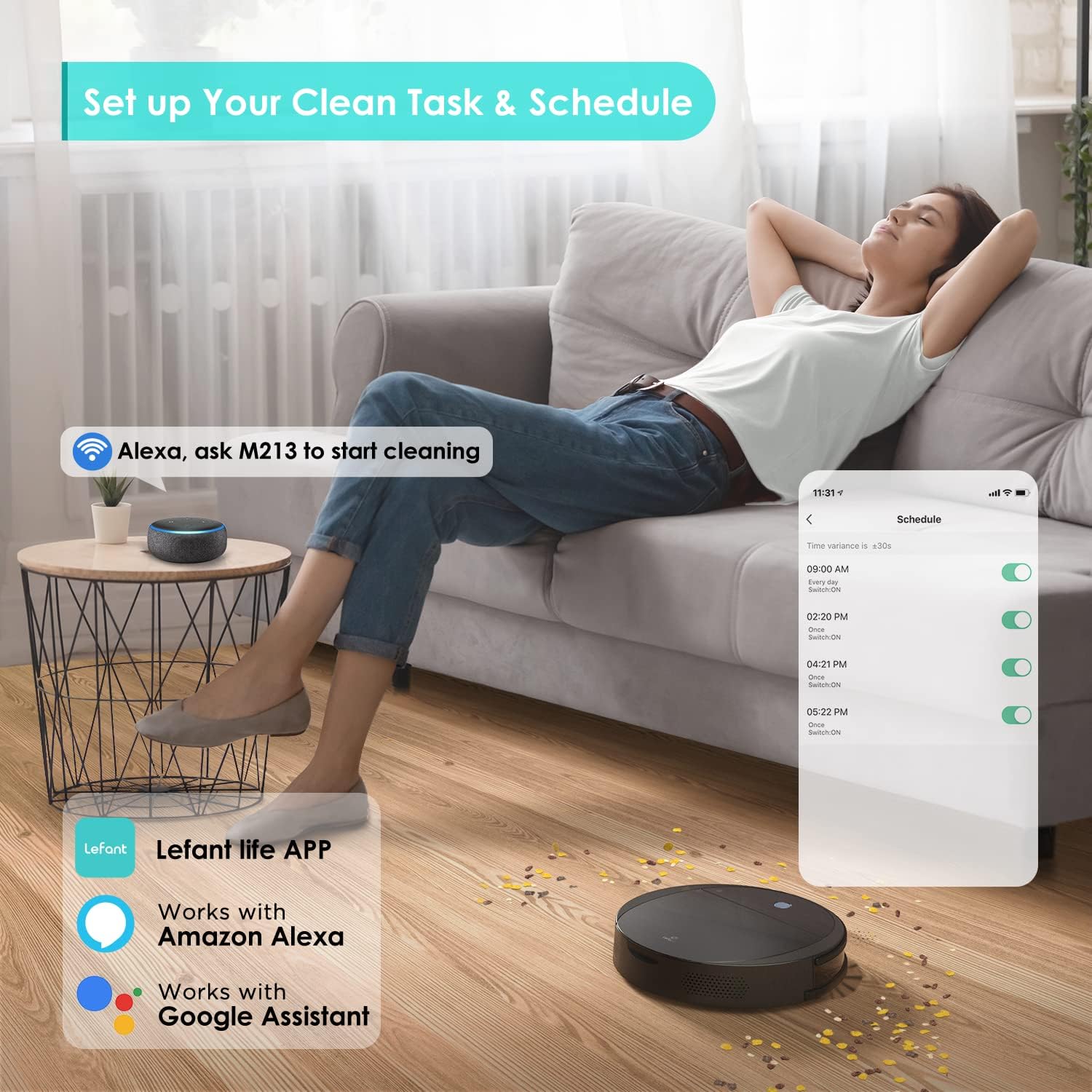 Lefant Robot Vacuum and Mop, 2200Pa Suction, Small Body Design, WiFi/App/Alexa Control, Automatic Self-Charging Vacuum Robot, Ideal for Pet Hair/Hard Floor/Low Pile Carpet, M213