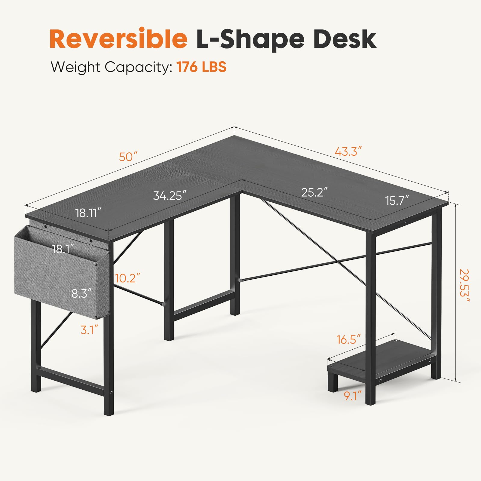 Sweetcrispy L Shaped Desk Gaming Computer 50 Inch Reversible Corner Table PC Work Table for Writing Study Student with Wood Tabletop Metal Frame CPU Stand Side Bag for Home Office Small Place, Black