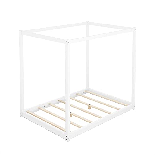 HZSSDTKJ Full Size 4-Poster Canopy Floor Bed with Support Legs, Solid Wood Canopy Platform Bed Frame with Slats Support for Kids Teens Girls Boys Adults, No Box Spring Needed (White-F1, Full)