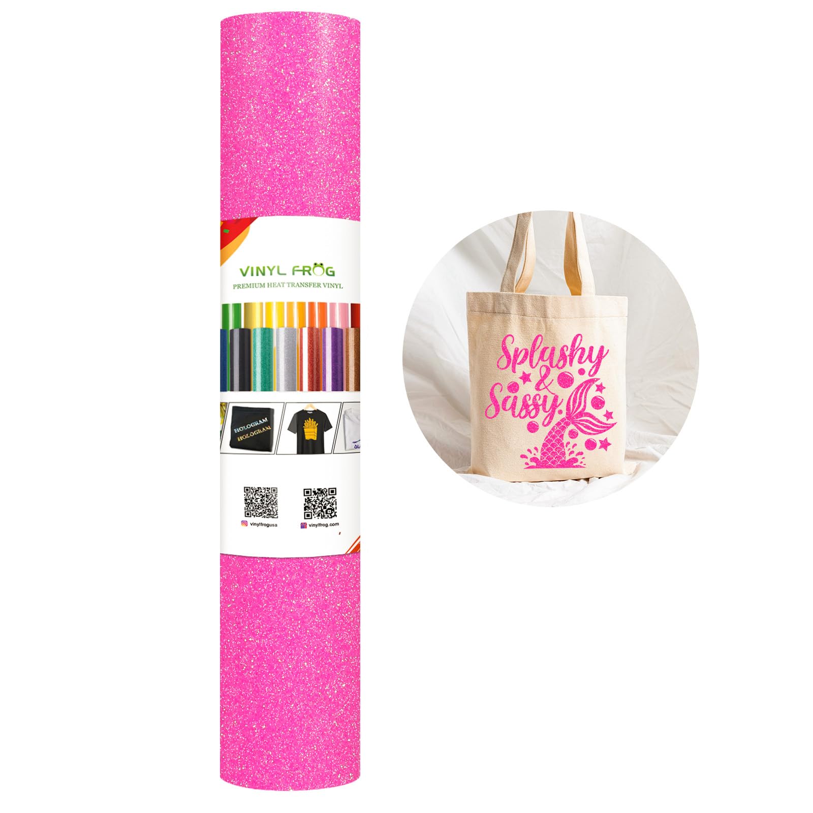VINYL FROG Glitter HTV Vinyl 10" x5ft Heat Transfer Vinyl Roll Hot Pink Iron on Vinyl Sparkle Heat Press Vinyl for T-Shirts Gift Designs