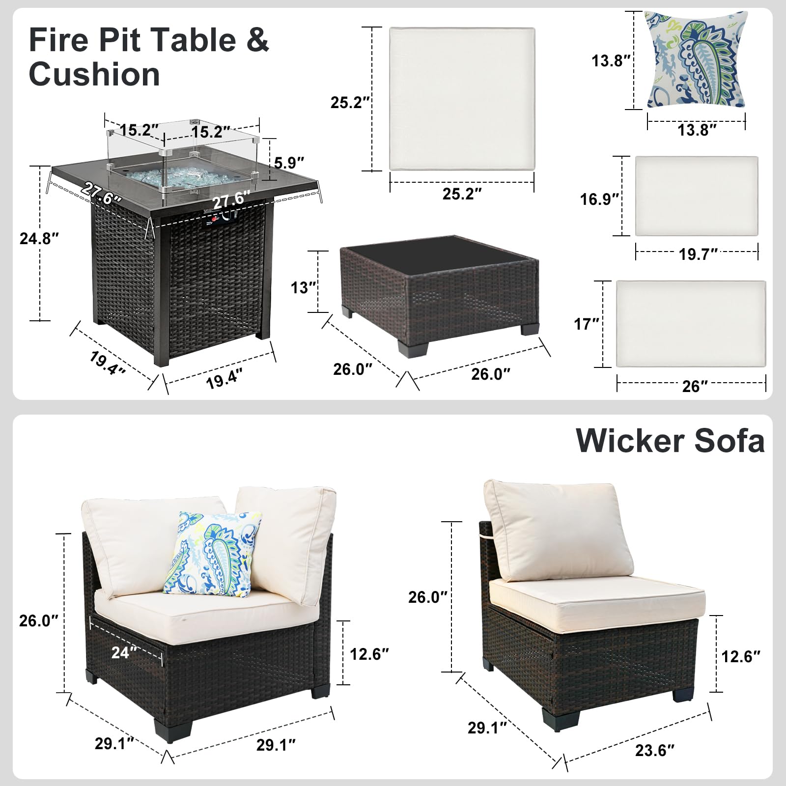 TINKLE WELL Patio Furniture Brown 28" Fire Pit Table, 8 Pieces Sectional Rattan Wicker Conversation Sofa Sets, Thick Cushions, for Yard, Garden, Poolside