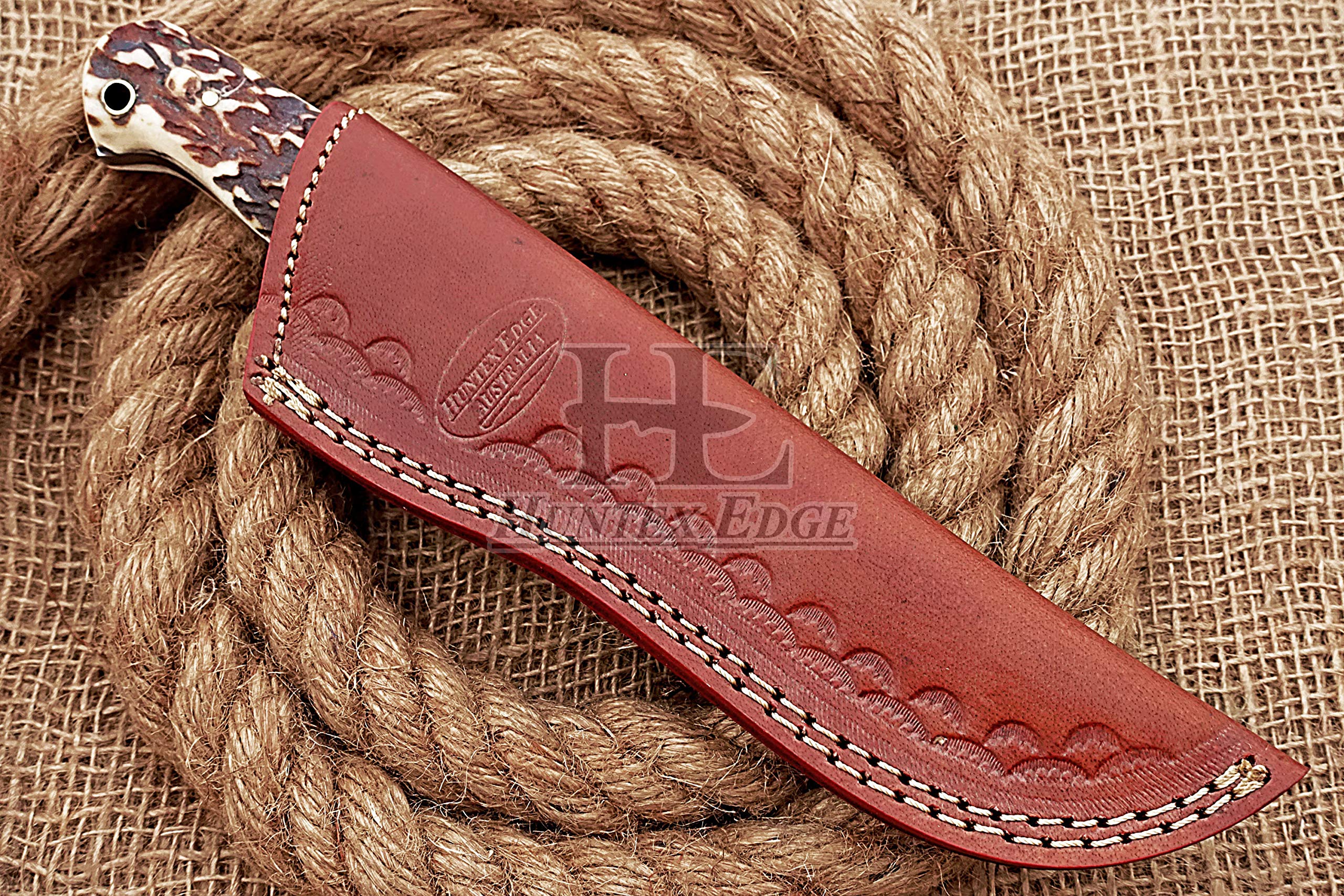 HUNTEX Unique Custom Handmade Hand-Forged Flame Pattern Damascus Steel 9 Inch Long Full Tang Deer Antler Handle Razor Sharp Hunting Camping Knife with Genuine Leather Sheath