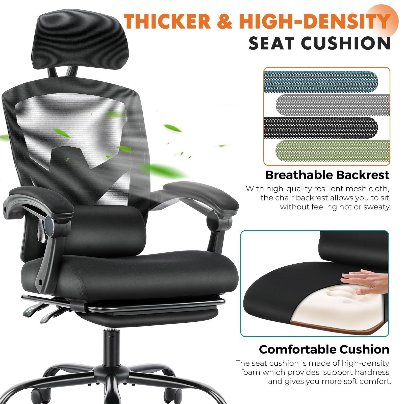 Sweetcrispy Office Computer Desk Chair, Ergonomic High-Back Mesh Rolling Work Swivel Chairs with Wheels, Comfortable Lumbar Support, Comfy Arms for Home, Bedroom, Study, Student, Black