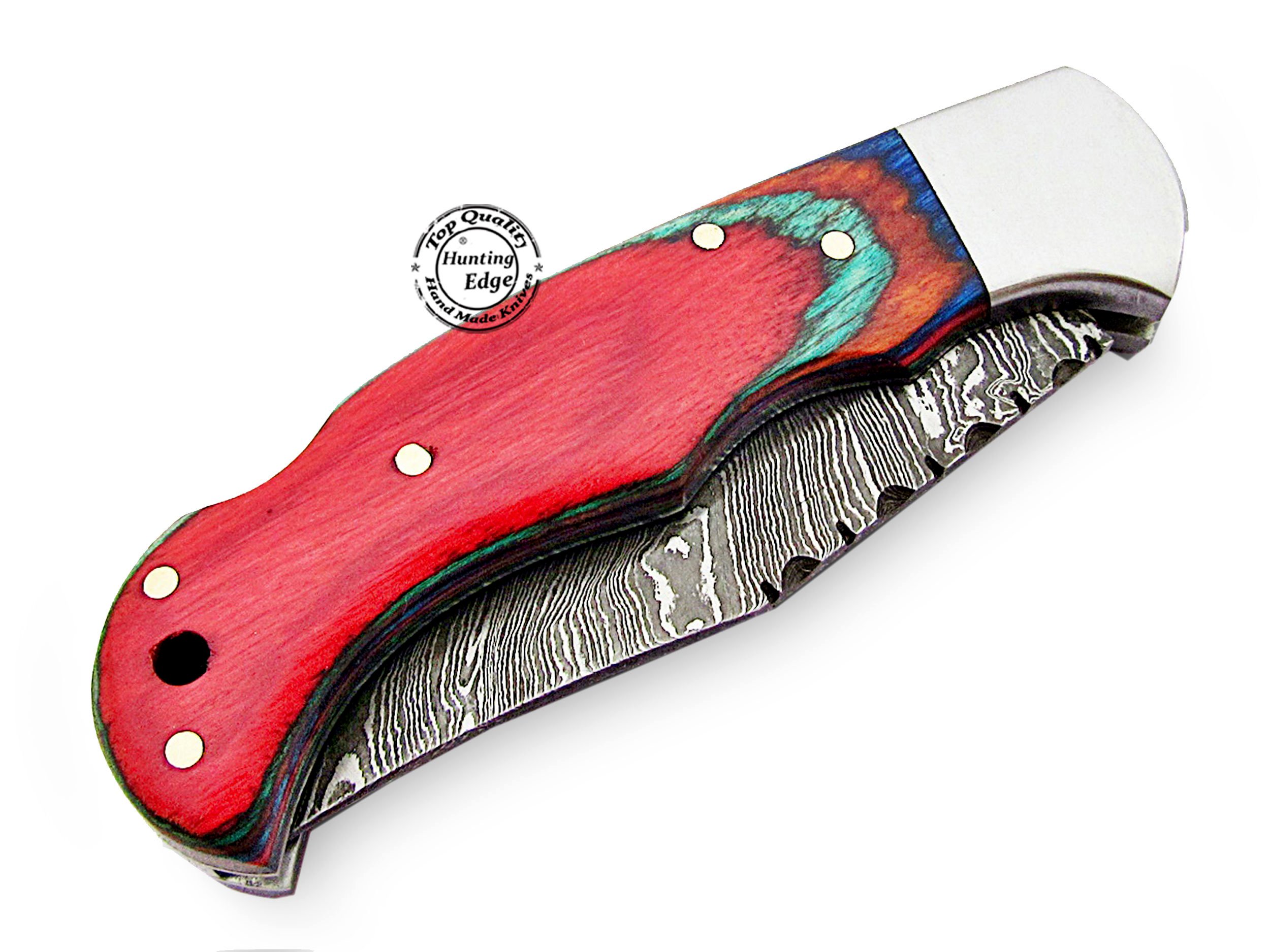 Hunting Edge Multi Colour Wood 6.5'' 100% Handmade Damascus Steel Folding Pocket Knife 100% Prime Quality