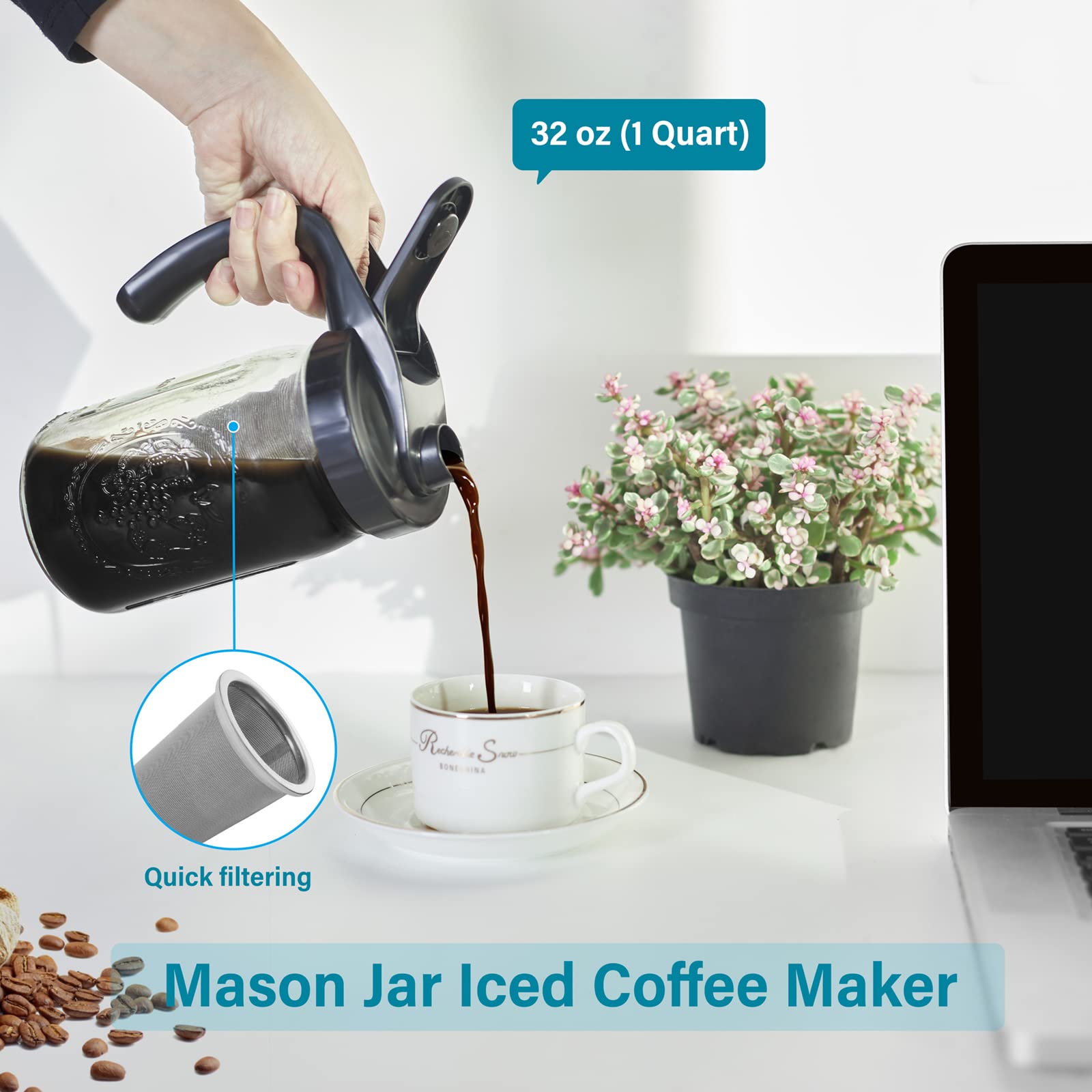 LIVEBAY Wide Mouth Mason Jar Pour Spout Lids Flip Cap Lid with Handle Reusable,Leak-proof Airtight Seal, 2 Pack, Blue