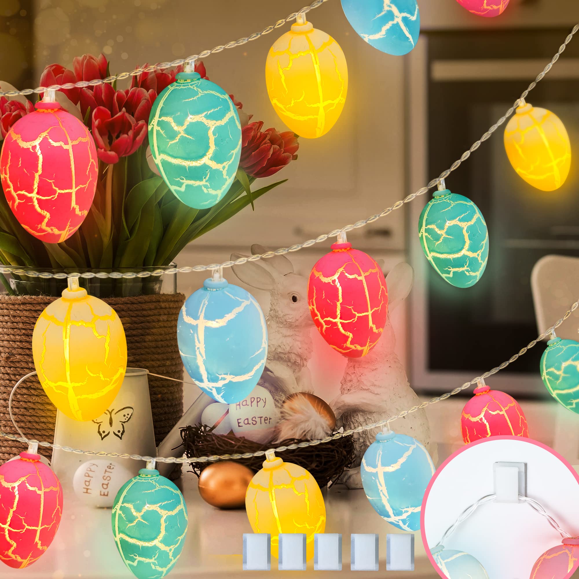 KPCB Tech Easter Lights String Eggs 40 LED 14.5FT Batteries and USB Powered Classic Egg Lights with 2 Lighting Modes Outdoor Indoor Easter Decorations for Home Easter Tree Egg Hunt Party