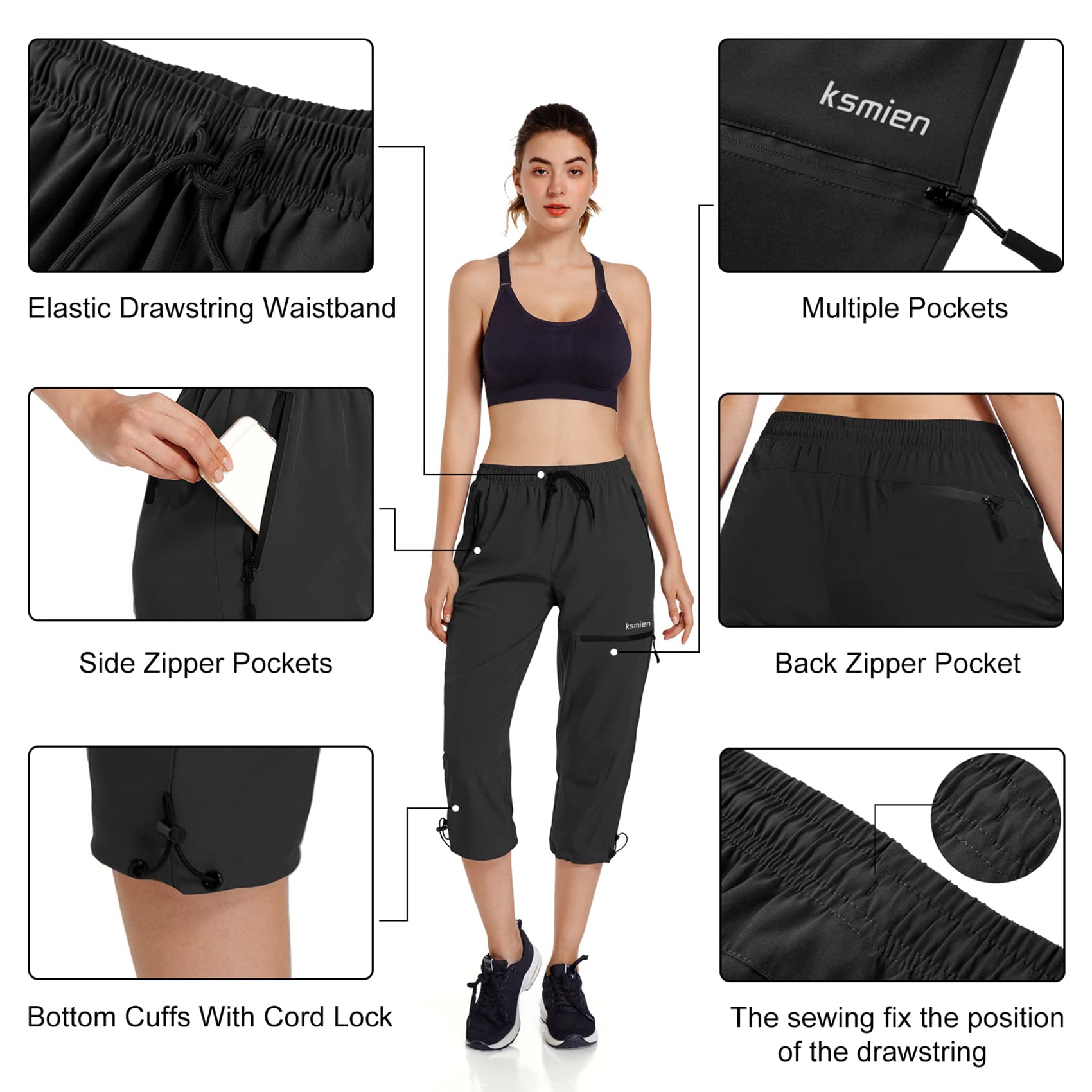 Ksmien Women's Lightweight Hiking Capri Pants Quick Dry Workout Cargo Capris Water Resistant UPF 50+ Zipped Pockets