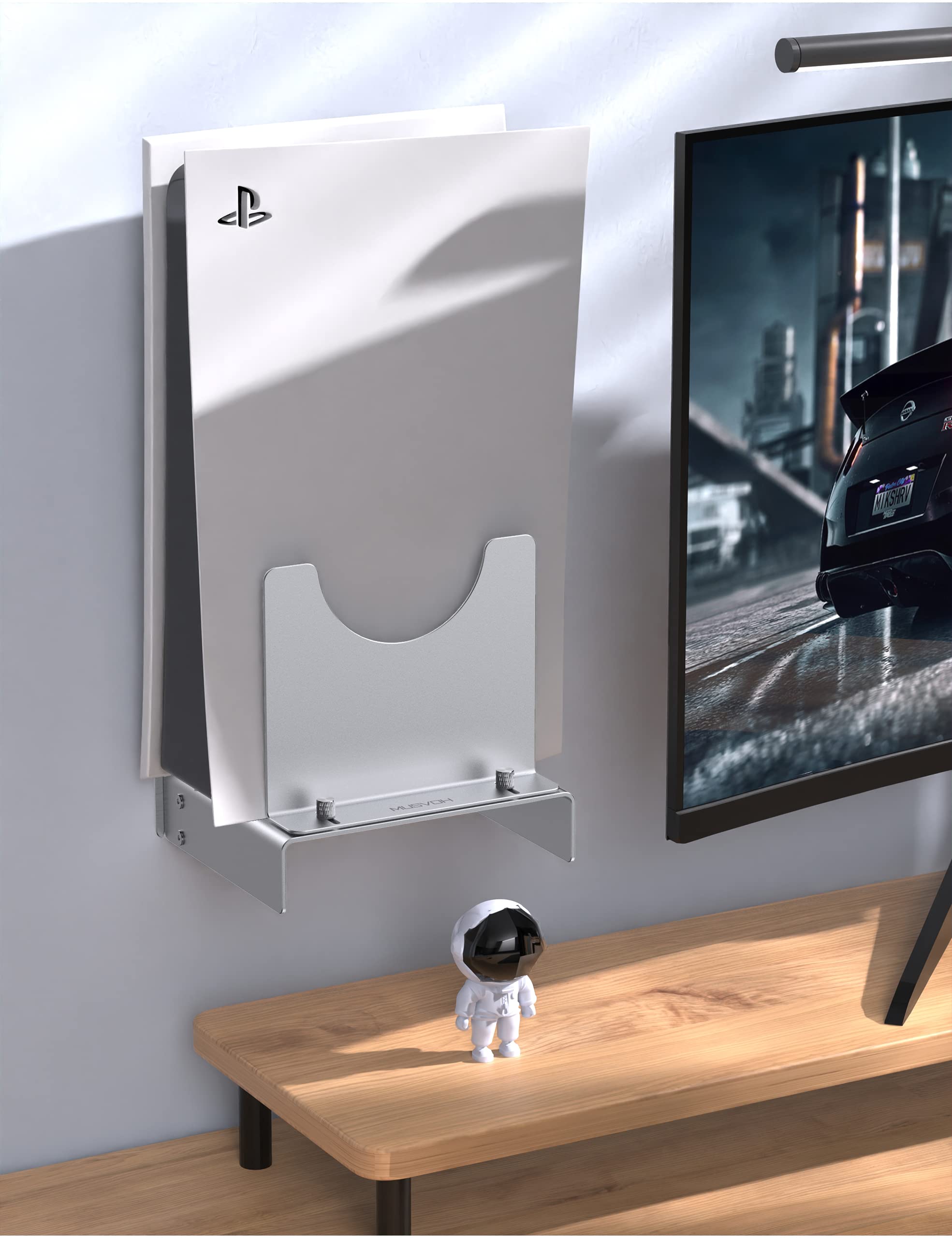 Playstation 5 Wall Mount, MUSVOH PS5 Wall Mount (Disc and Digital) All Metal Vertical Hanging on Wall, Space Saver, Easy to Install(Silver)