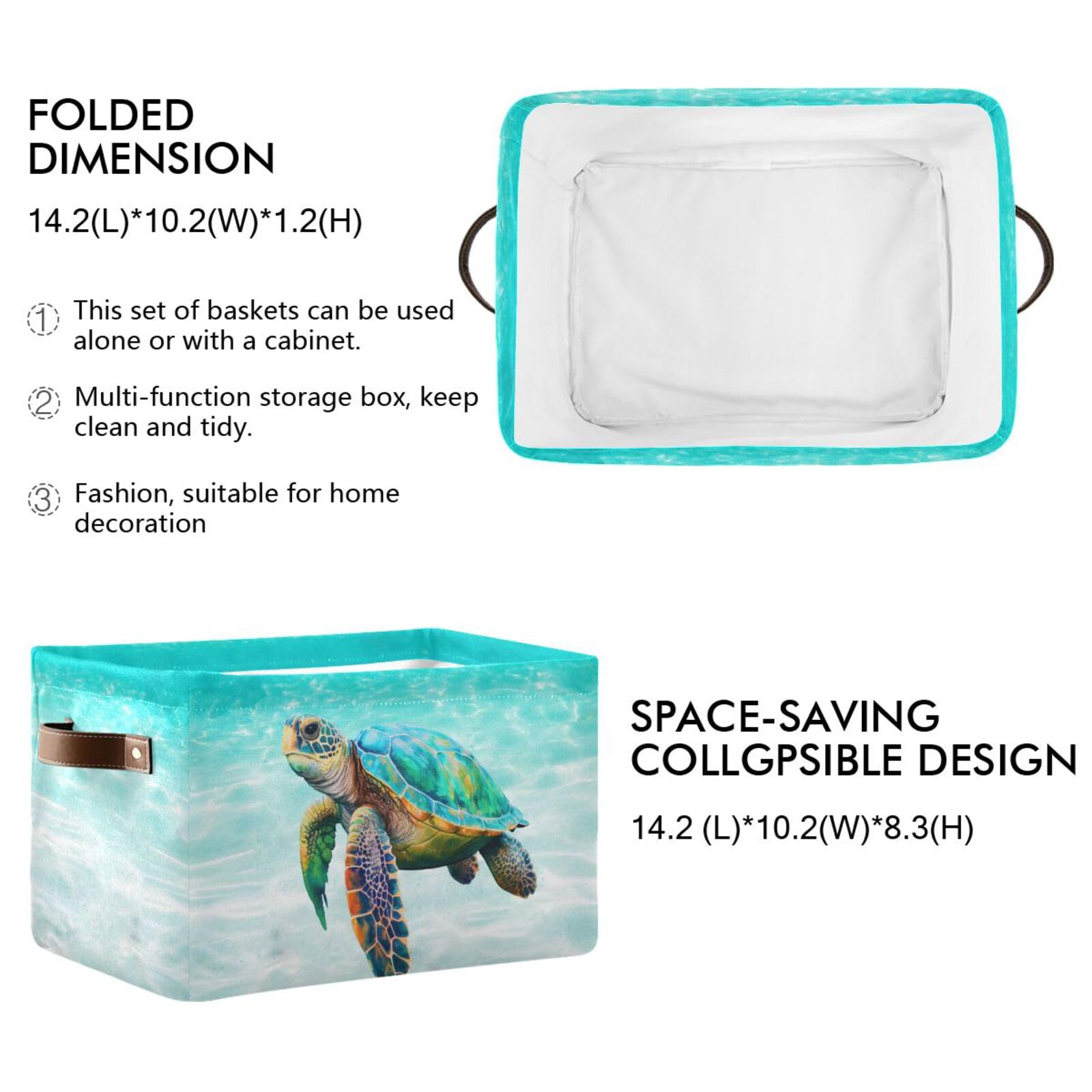 Sea Turtle Teal Large Storage Basket Cube Storage Bin Canvas Fabric Organizer Handles Collapsible Decorative for Clothes Toys Bedroom