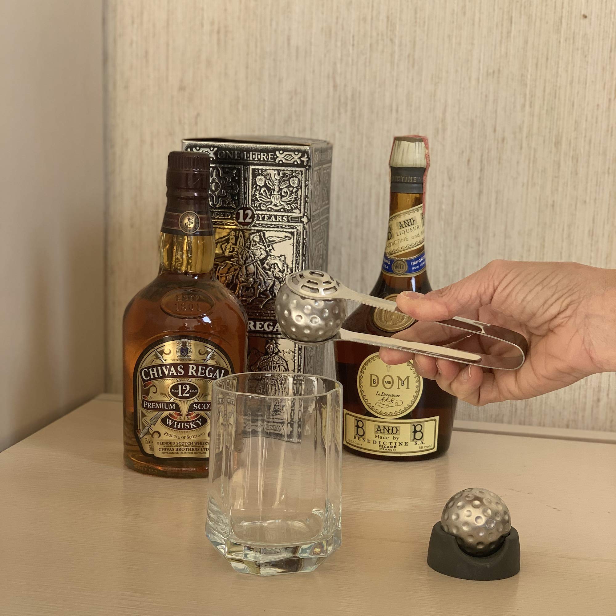Outset Stainless Steel Whiskey Stone Set, 2 Golf Ball Chillers with Tongs and Storage Bag