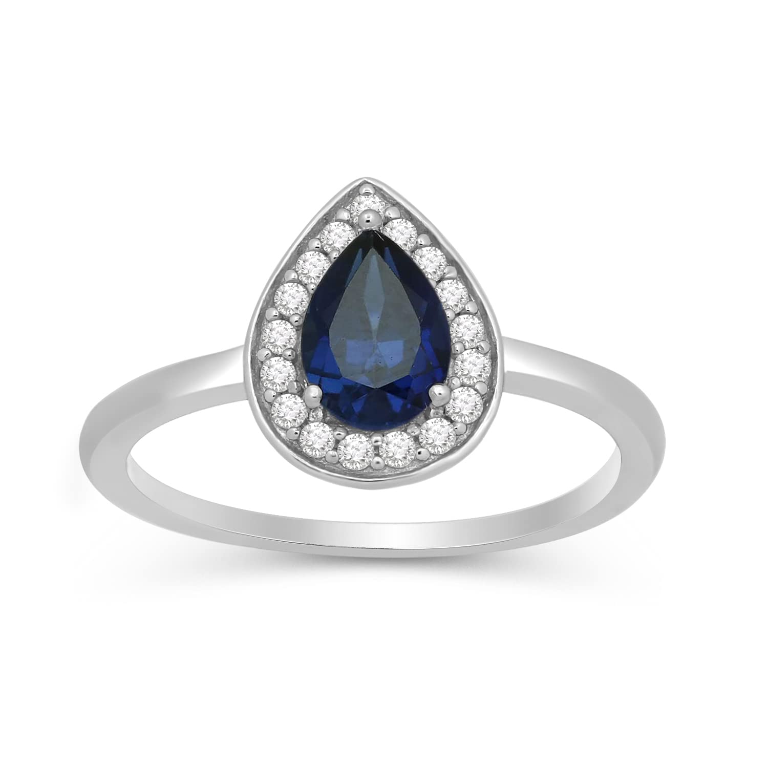 Jewelili Ring, Size 7 Sterling Silver Created Blue Sapphire and Round Created White Sapphire
