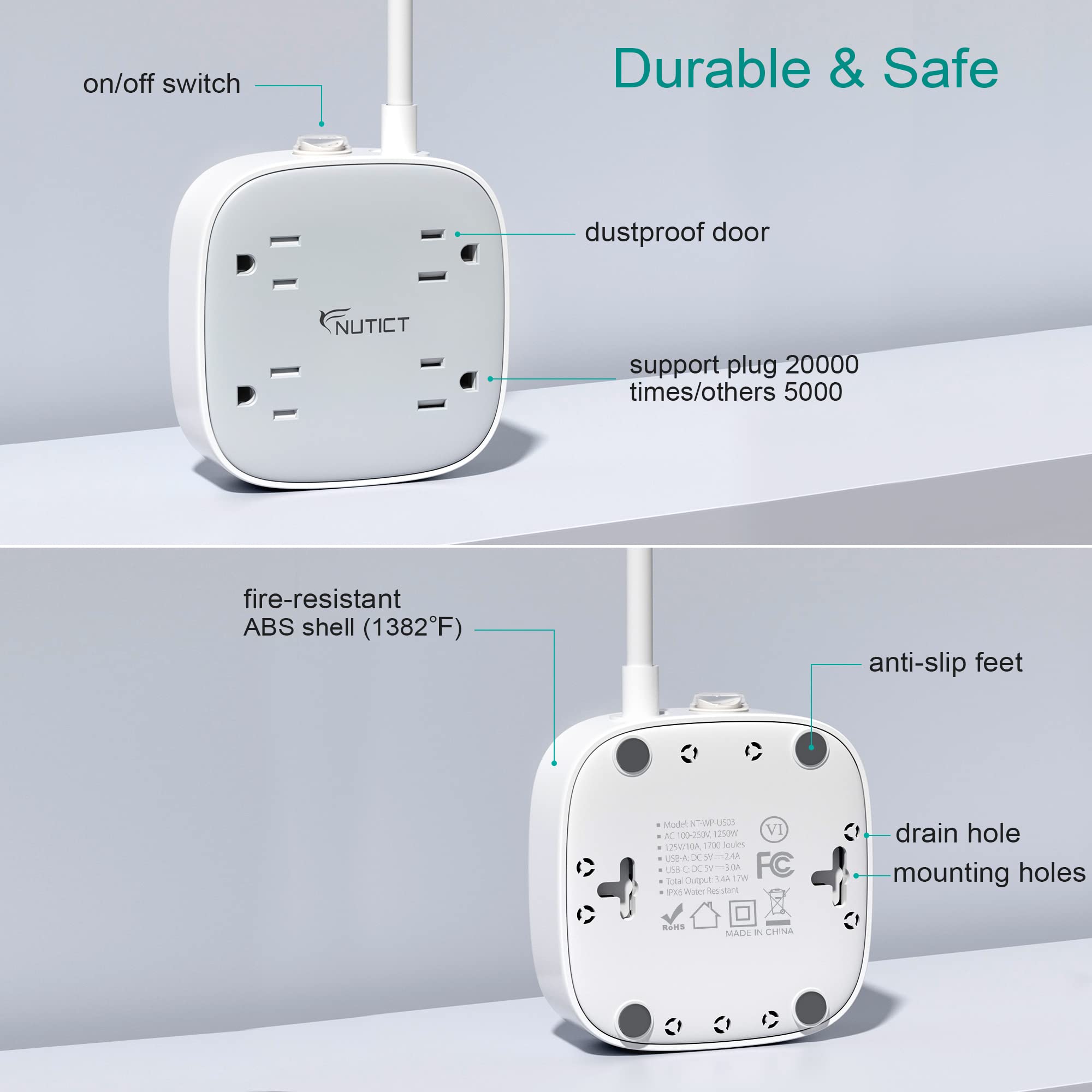 Outdoor Power Strip Weatherproof, 6 FT Extension Cord 3 USB Ports, 1 USB C Charger, 4 Outlets Flat Plug Surge Protector Waterproof Shockproof Wall Mountable For Home Kitchen Patio Porch Garden Camping