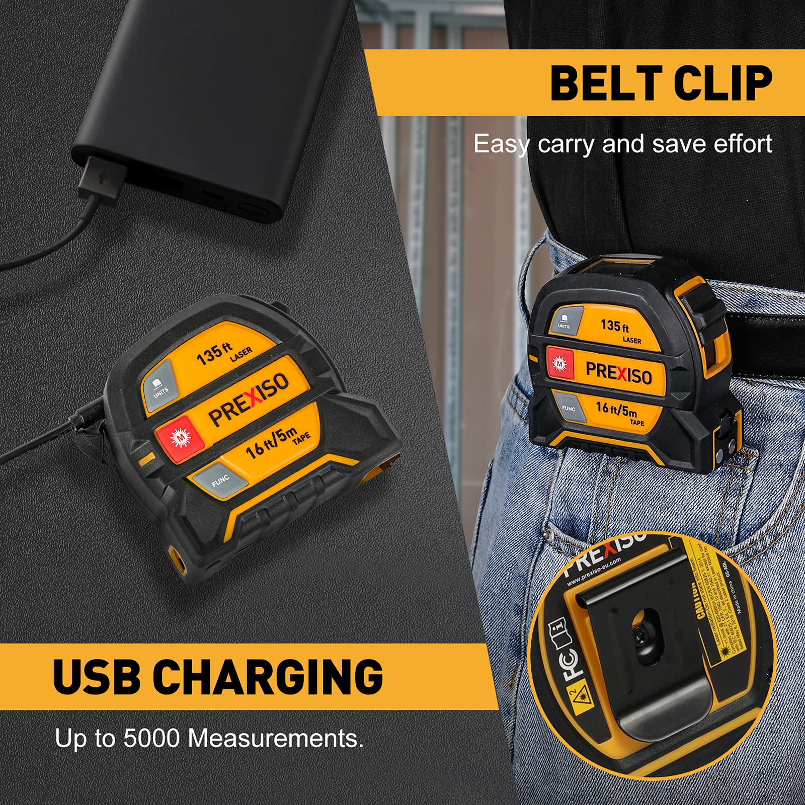 PREXISO 100Ft Rechargeable Dual Modules Laser Level & PREXISO 2-in-1 Digital 135Ft Rechargeable Laser Tape Measure - Pythagorean Mode, Area, Volume, Ft/Ft+in/in/M Unit Digital Distance Meter