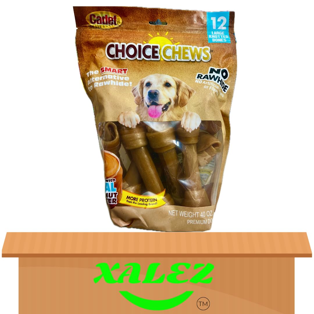 XALEZ Cadet Choice Chews with 12 Large Knotted Bones - Made with Real Peanut Butter - 1 Bag- 40 OZ TM Gift Box