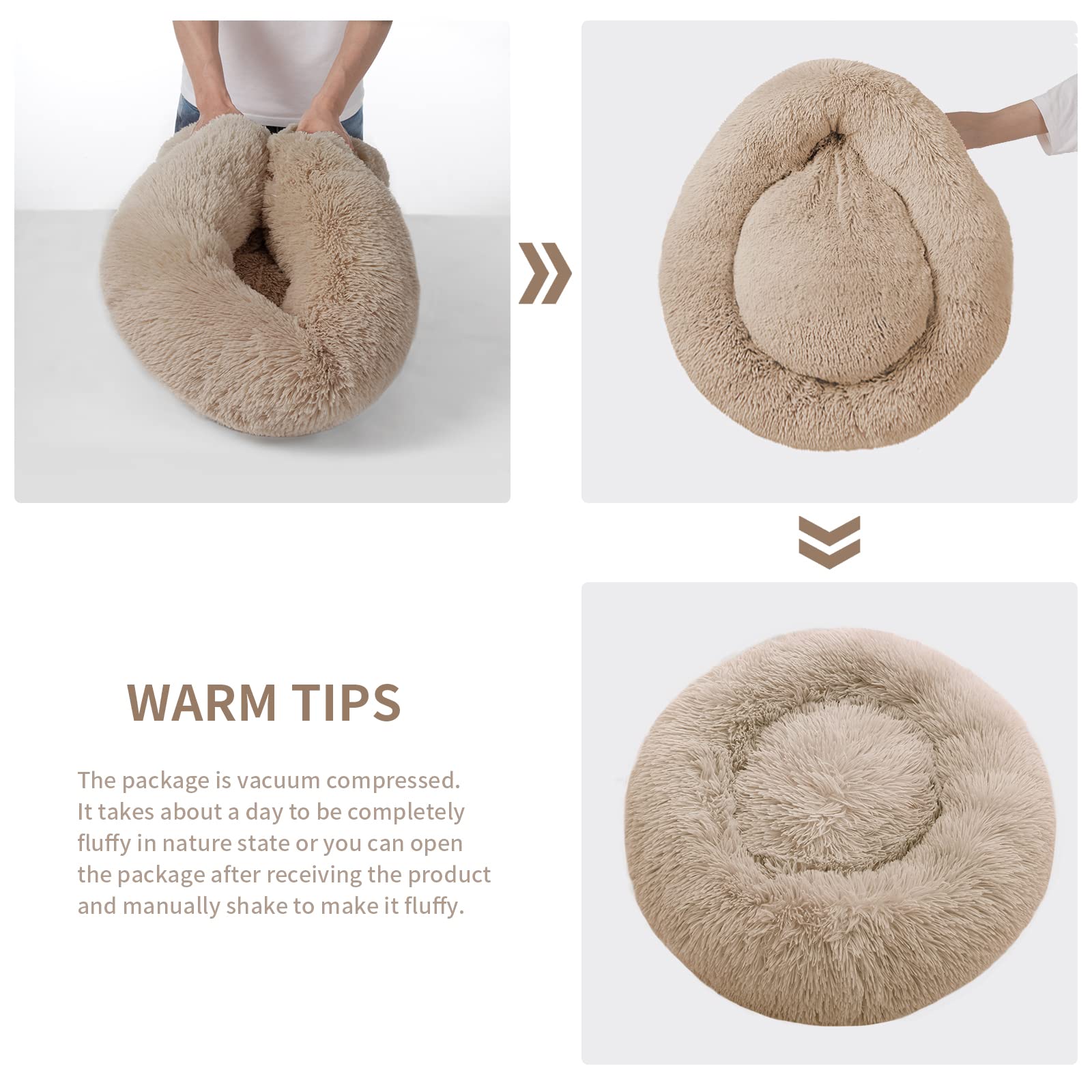 CEVICOLZE Small Cat Bed for Indoor Cats, Self-Warming Donut Kitty Bed for Small Cats Keeping Warm, Washable Pet Bed with Anti Slip Base, Khaki 15.8‘’