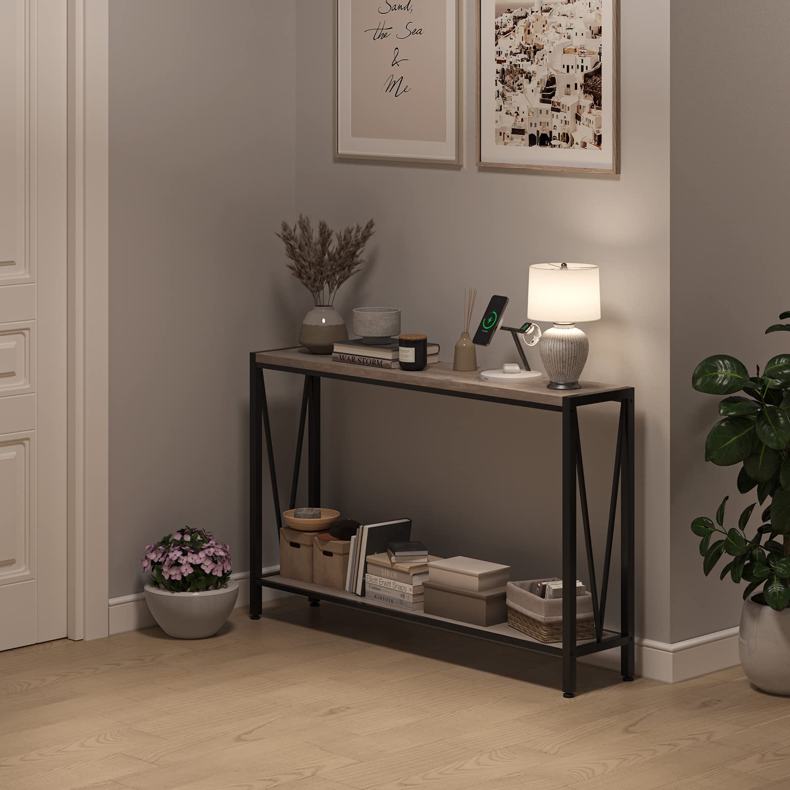 IDEALHOUSE Grey Console Table, 42.9" Entryway Table with Storage, Wood and Metal 2-Tier Narrow Long Sofa Table with Shelf, Behind Couch Table, Console Table for Entryway, Living Room, Hallway