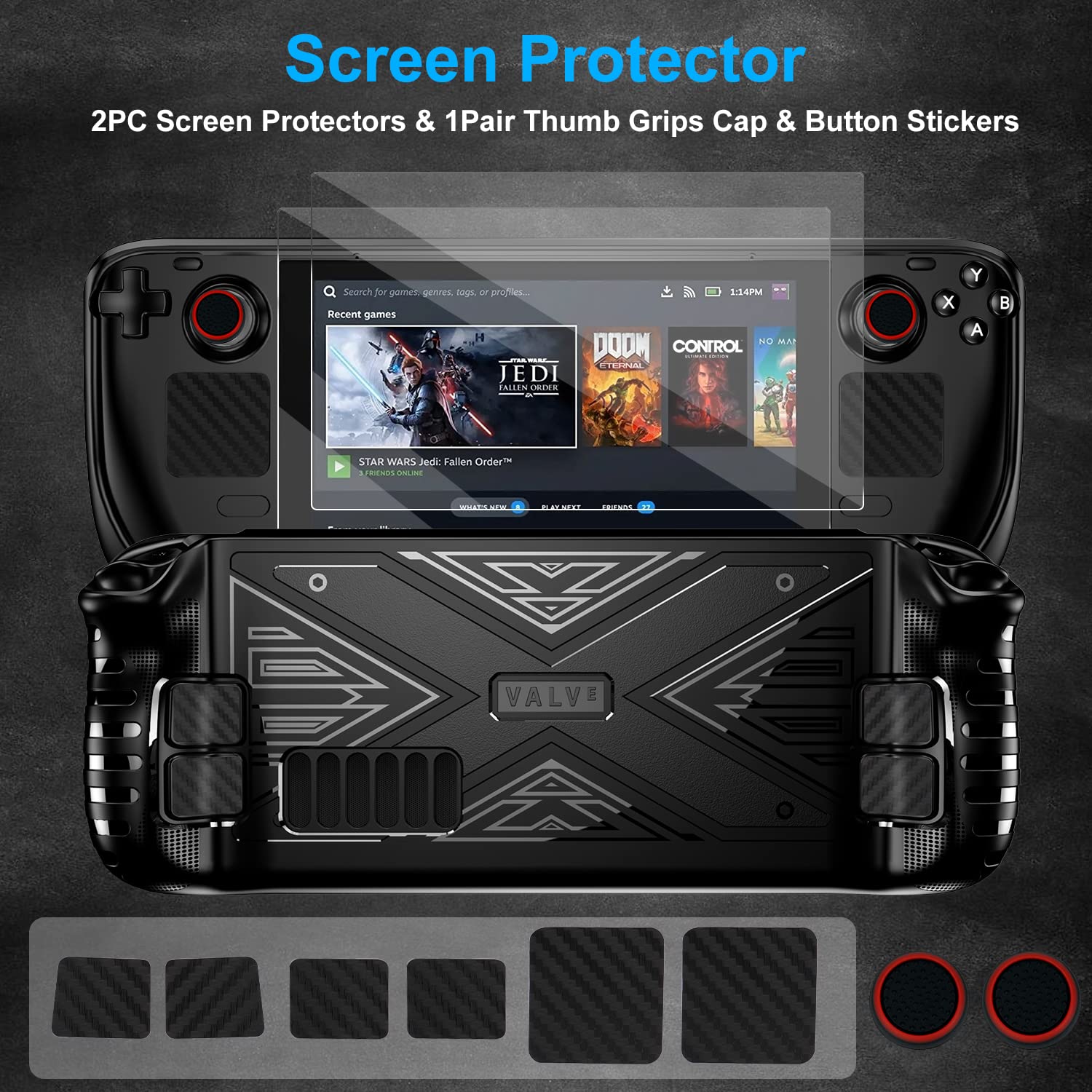 Protective Case for Steam Deck Accessories, Sirabe TPU Soft Cover Protector with Thumb Grips&Screen Protectors&Touchpad Protect Skin, Full Protection, Shock-Absorption, Anti-Slip & Scratch