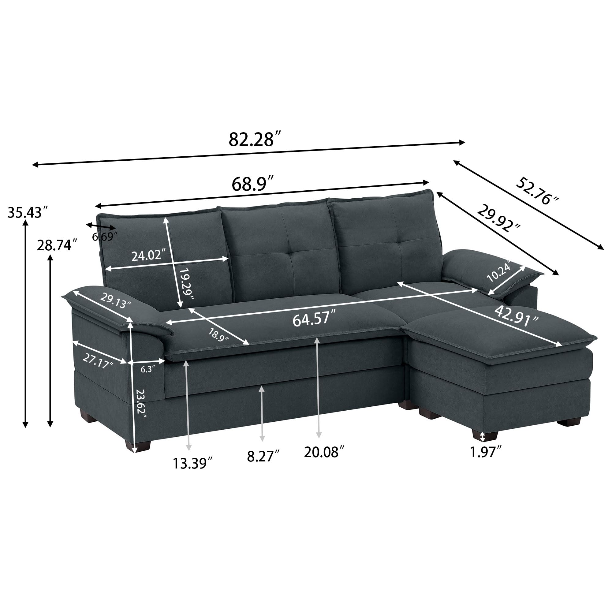 Tornama Convertible Sectional Sofa, 82" Comfy Couches for Living Room, 3 Seat Cloud Couch, L Shaped Couch with Ottoman for Apartment, Studio, Office, Dark Grey