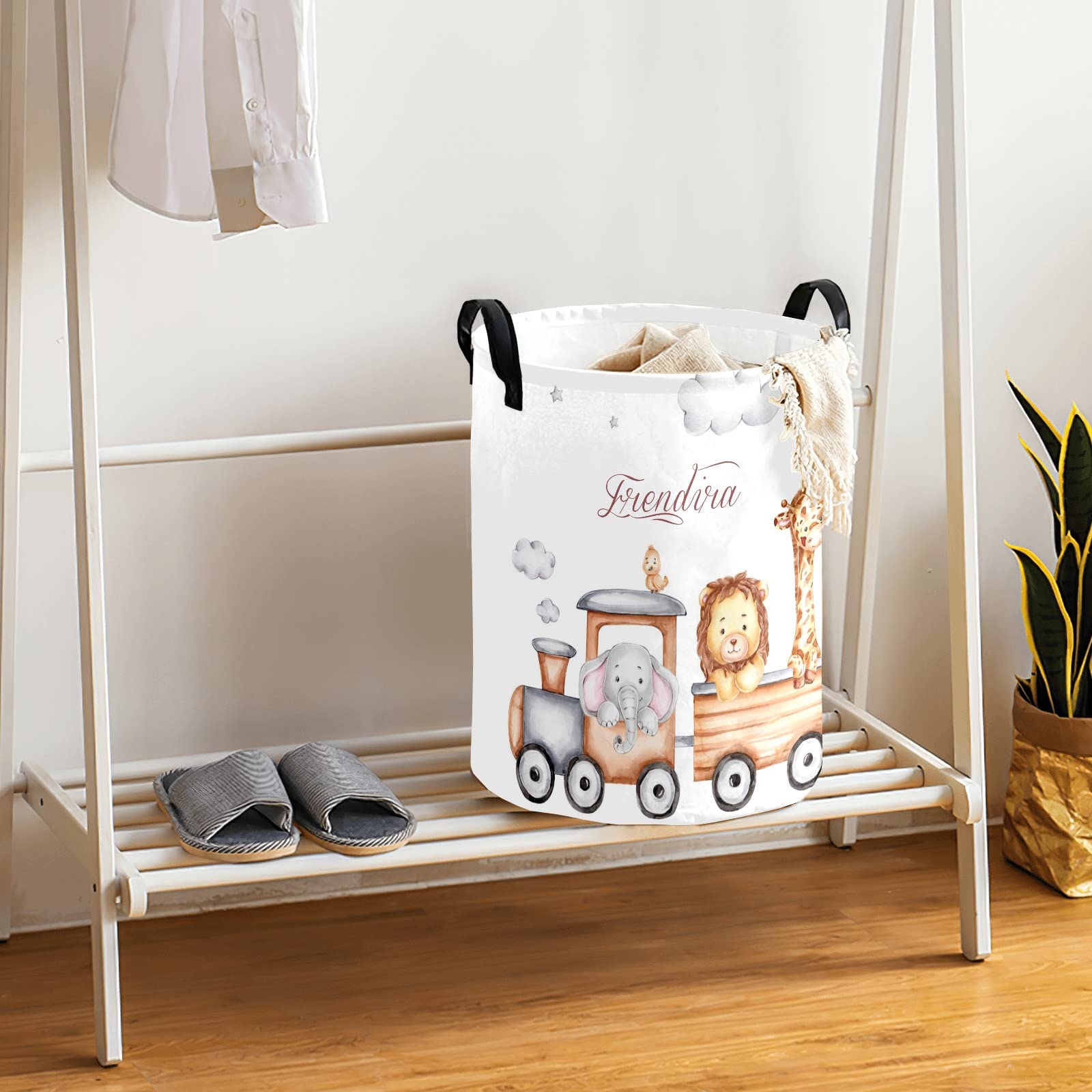 Personalized Laundry Basket, Train Elephant Lion Giraffe Custom Storage Bins Laundry Hamper with Name Collapsible Toys Organizer Gift