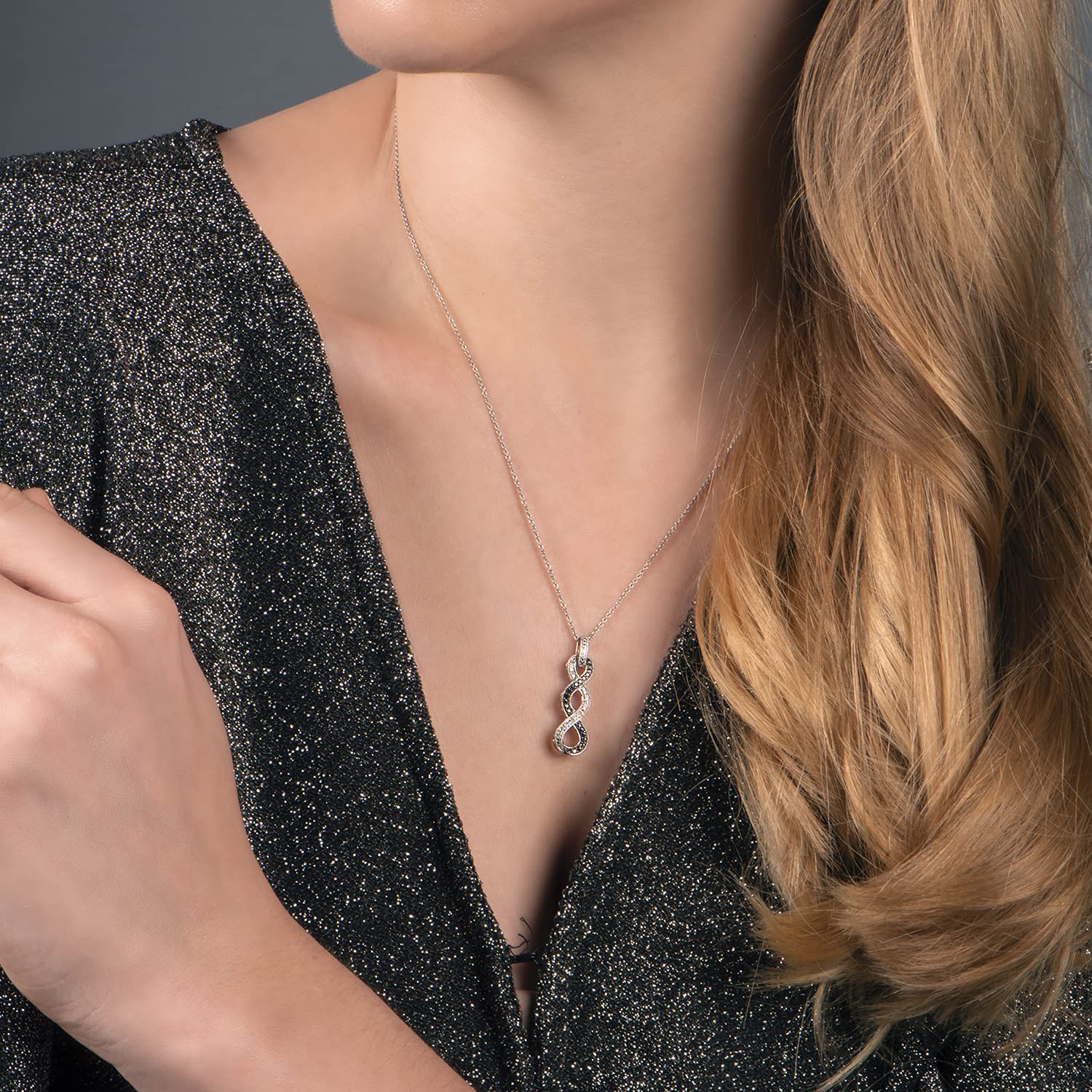 Jewelili Twist Pendant Necklace in Sterling Silver with Natural White Round and Treated Black Diamonds 18" Rolo Chain