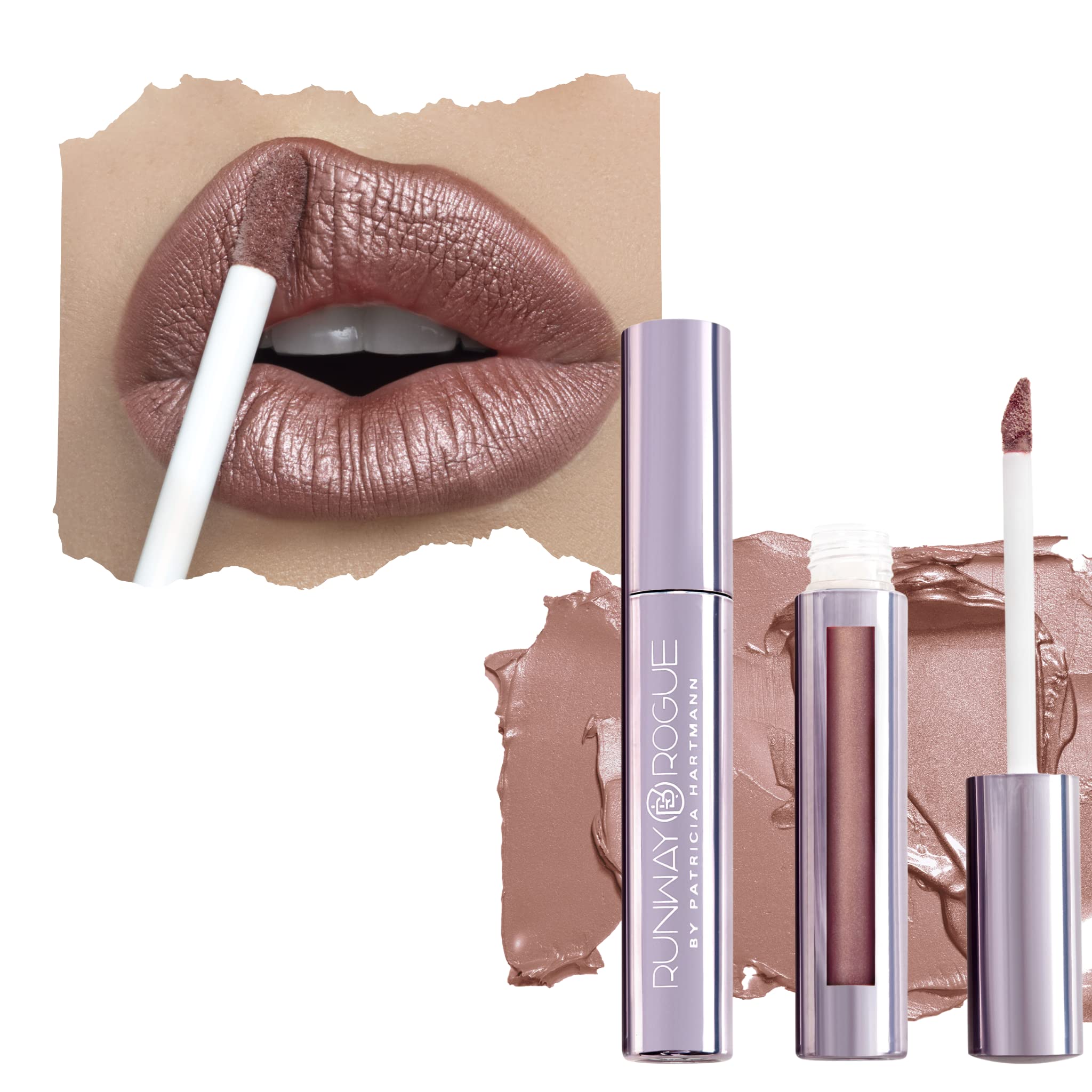 Runway Rogue Pearl Glam Long Wear Shimmer Liquid Lipstick, Slightly Dark Pink-Nude Lipstick with Silver and Gold Shimmer, âSoft Lightâ