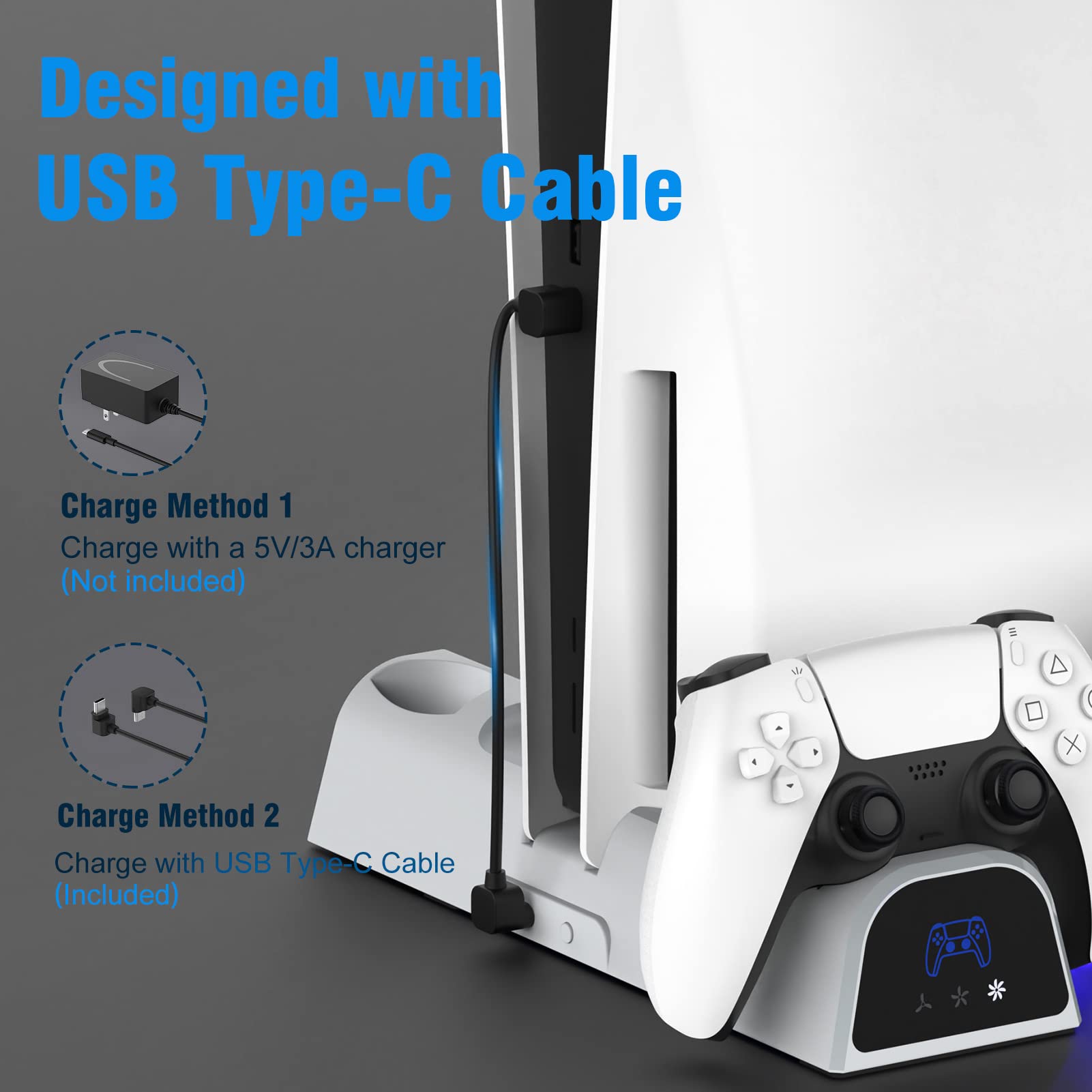 PS5 Cooling Stand with 2 Controller Charger Station and Extra Headset Holder for PS5 Disc & Digital Editions, Dual Controllers Charger, 3-Speed Adjustable Silent Fans, 11 Games Rack Organizer, White