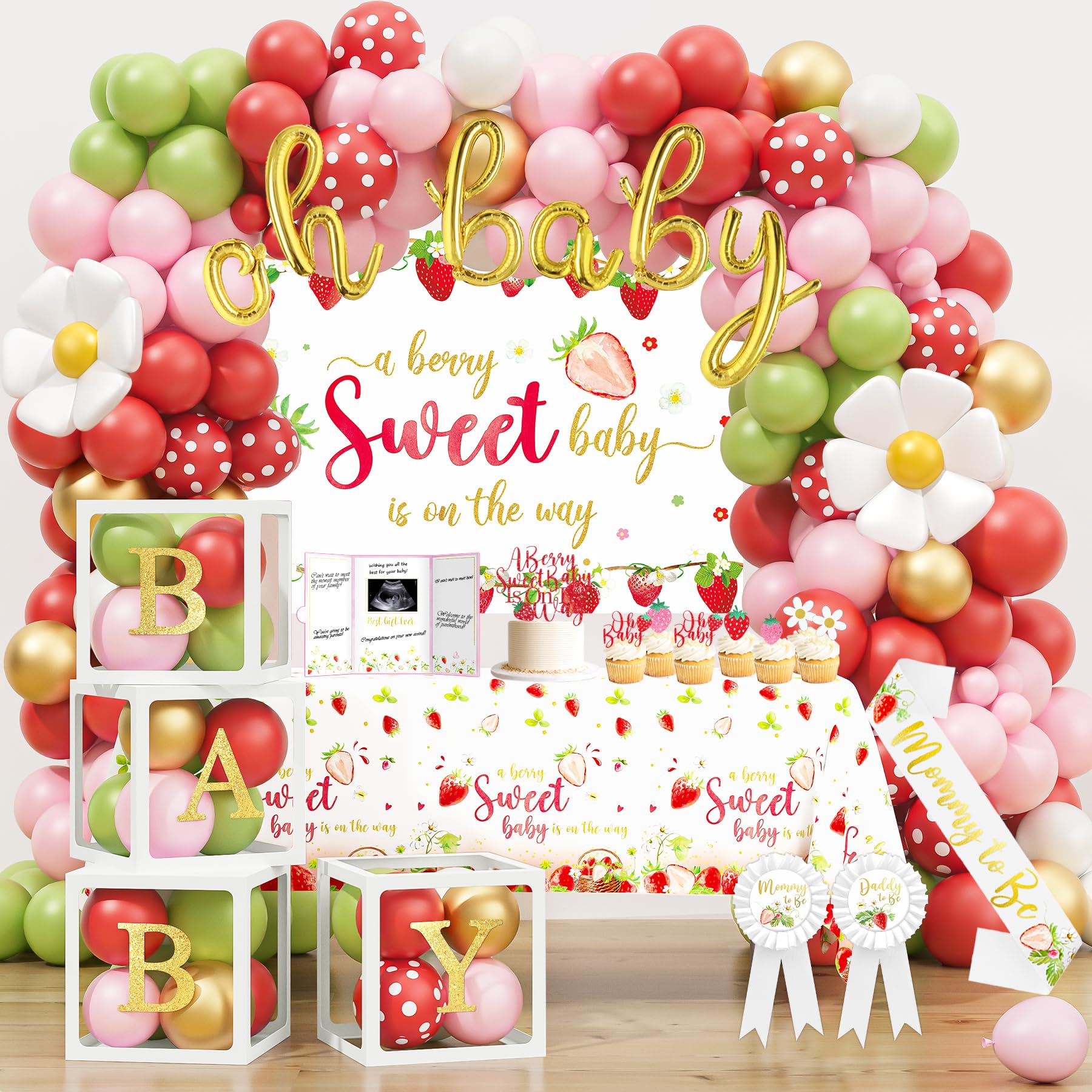 Strawberry Baby Shower Decorations Party Supplies, A Berry Sweet Baby Is On The Way Decor, It's a Girl Gender Reveal, Baby Shower Backdrop Balloon Arch Box Mom to Be Sash Tablecloths Cake Topper