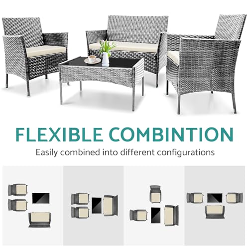 TINKLE WELL 4-Piece Brown Patio Furniture Set β Sectional Wicker Rattan Sofa with Thick Cushions and Table for Garden, Yard, or Porch