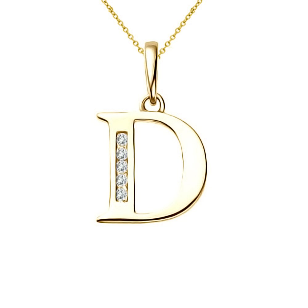 Jascina 0.10 Carat Diamond Alphabet Letter D” Initial Solitaire Pendant Necklace with 18" Chain 14K Yellow Gold