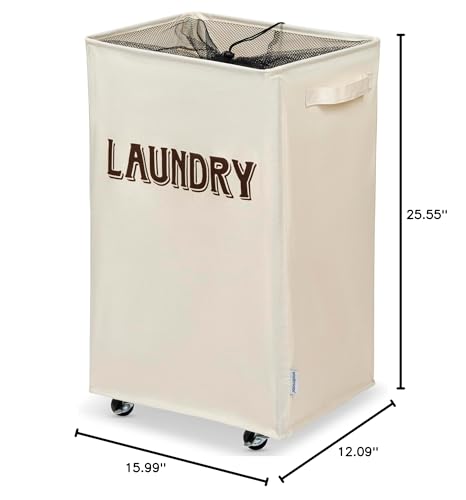 Wondersome Laundry Hamper with Wheels - Farmhouse Cream - 90-Liter Extra Large Collapsible Rolling Clothes Cart - Heavy Duty Locking Metal Wheel Tall Rectangular Canvas Storage Basket - US-Based Brand
