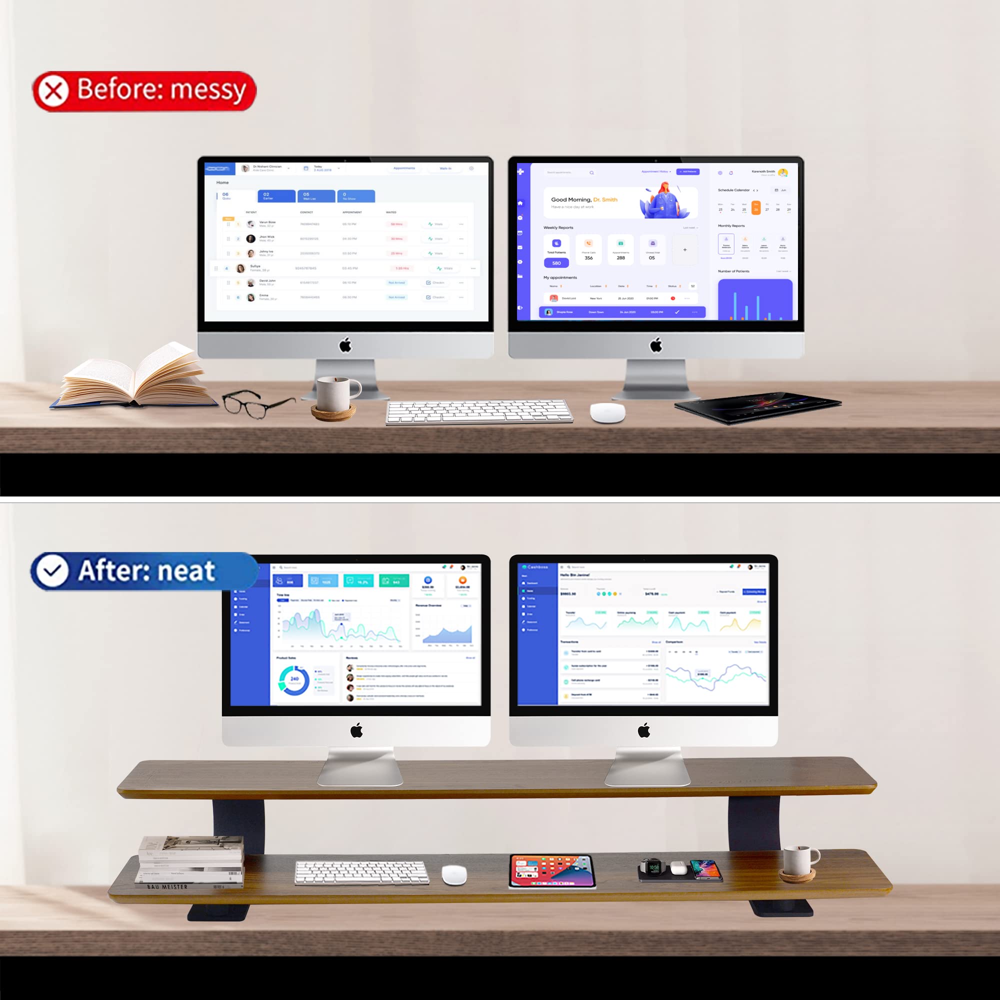 SAMDI Monitor Stand, Wooden Computer Monitor Stand,Wood Oversized Double Layer Desk Stand Riser for Laptop, Computer, iMac, Laptop, with Table (Walnut)