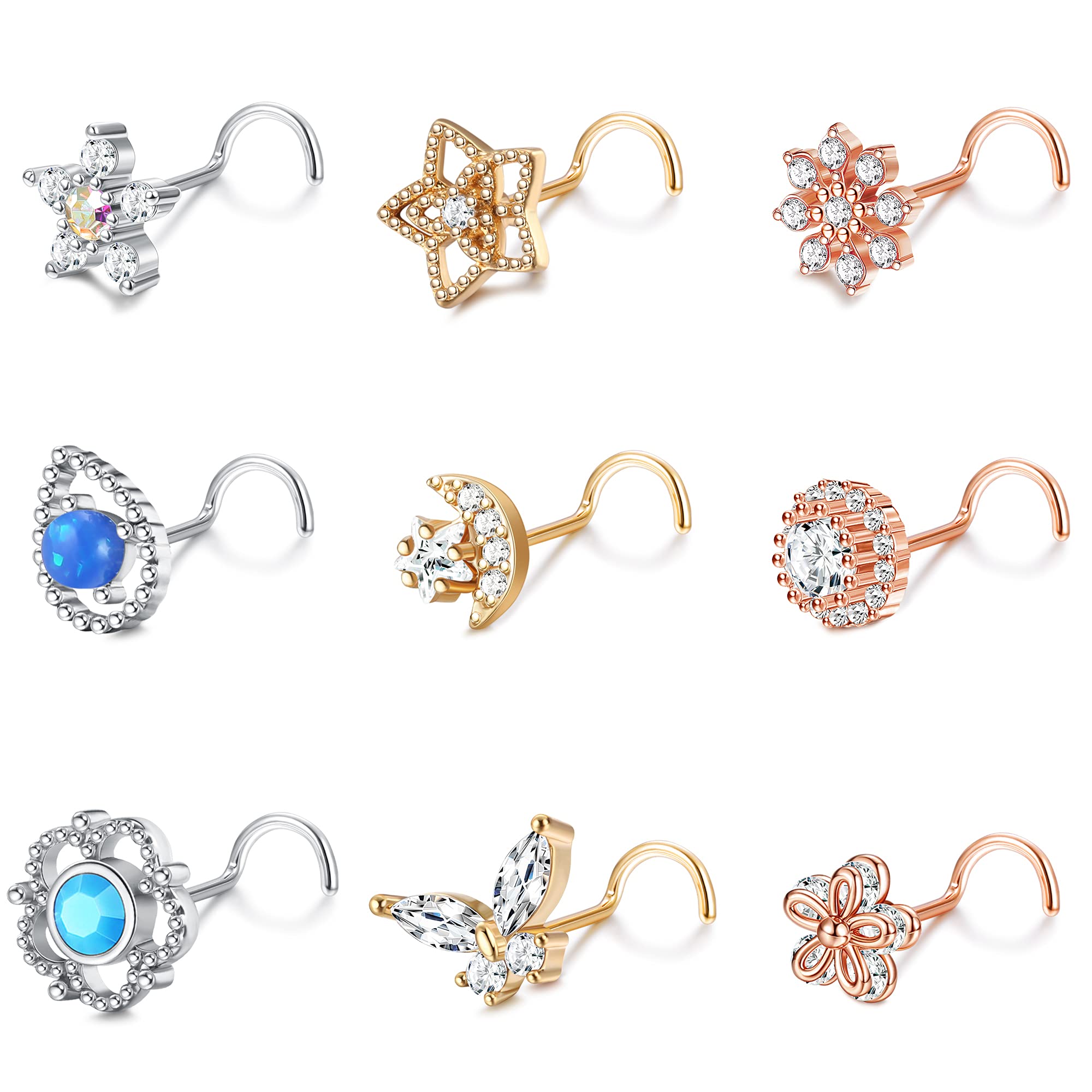 LOYALLOOK 20G Nose Ring Stud Stainless Steel Screw Nose Rings Cubic Zirconia Butterfly Opal Screw Nose Studs Flower Nose Rings Nose Piercing