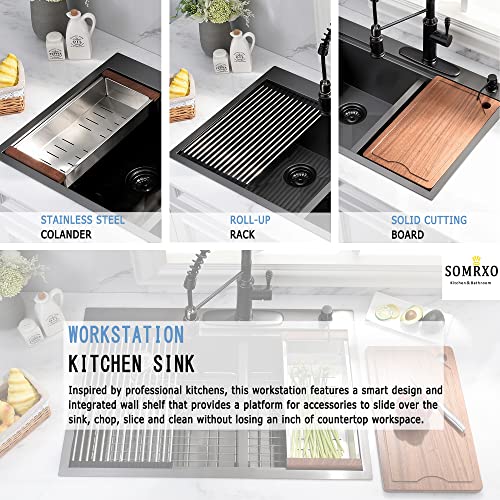 SOMRXO 28 Black Stainless Steel Kitchen Sink Double Bowl 28x22 Drop In Kitchen Sink Workstation Ledge 16 Gauge Gunmetal Black Kitchen Sink Topmount 10" Deep 40/60 Low-Divide Double Bowl Kitchen Sinks