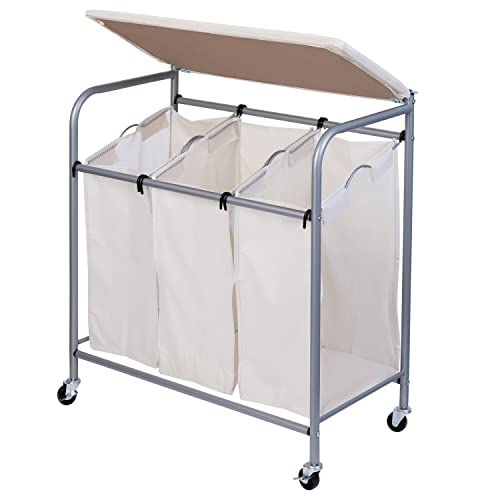 Triple Laundry Sorter with Ironing Board, 3-bin, Locking wheels, Natural
