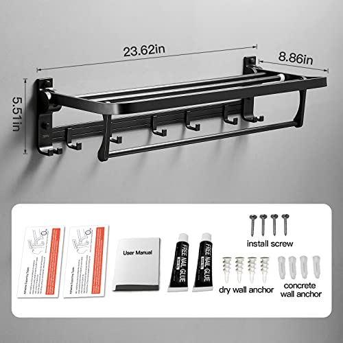 MUSTORN Towel Rack Wall Mount for Bathroom with Towel Bar and Hooks 23.6 in Foldable Towel Shelf Lavatory Towel Organizer Matte Black