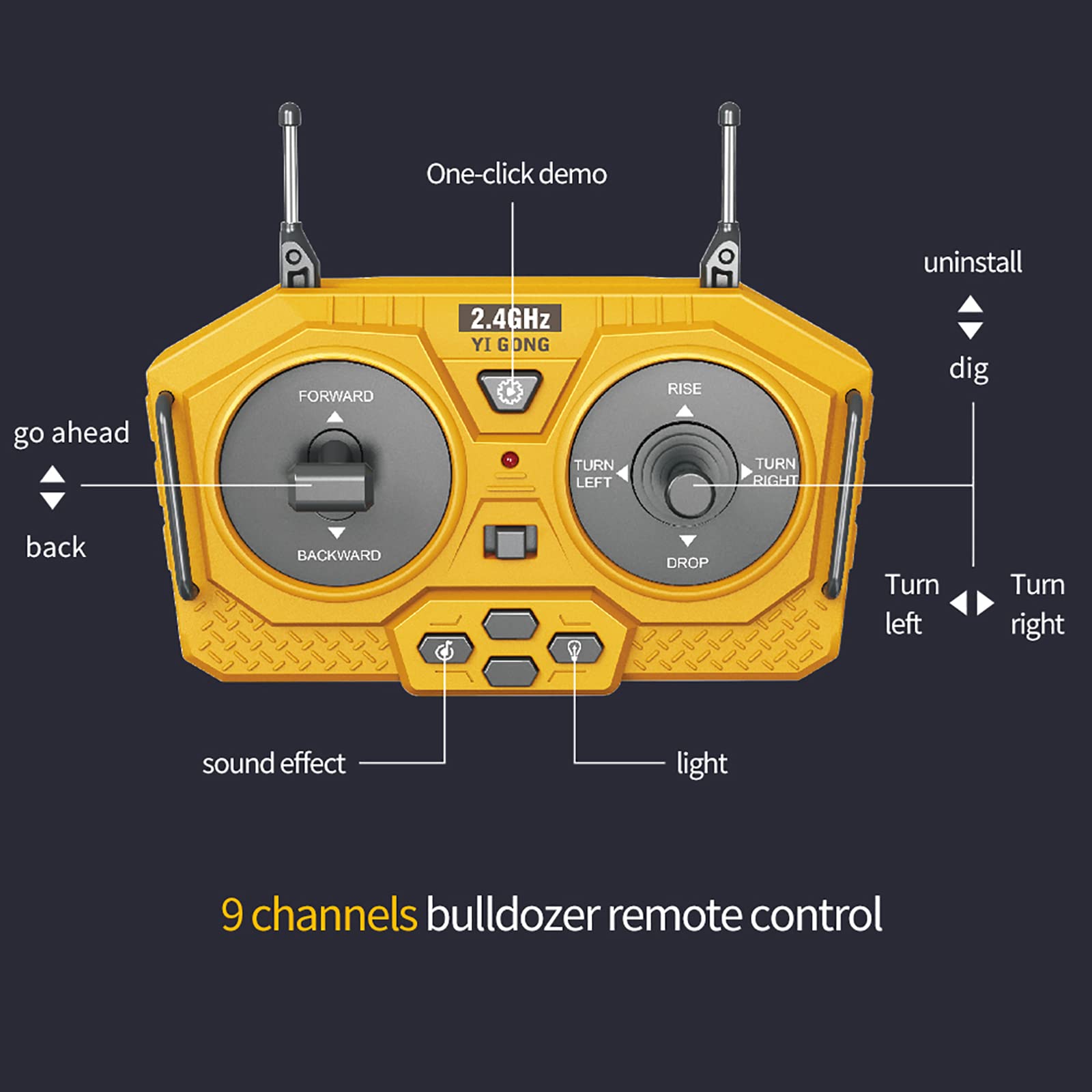 Remote Control Bulldozer Full Functional Construction Vehicle, 9 Channel Dozer Front Loader Toy with Light and Sound for Kids Age 6, 7, 8, 9, 10 and Up Years Old